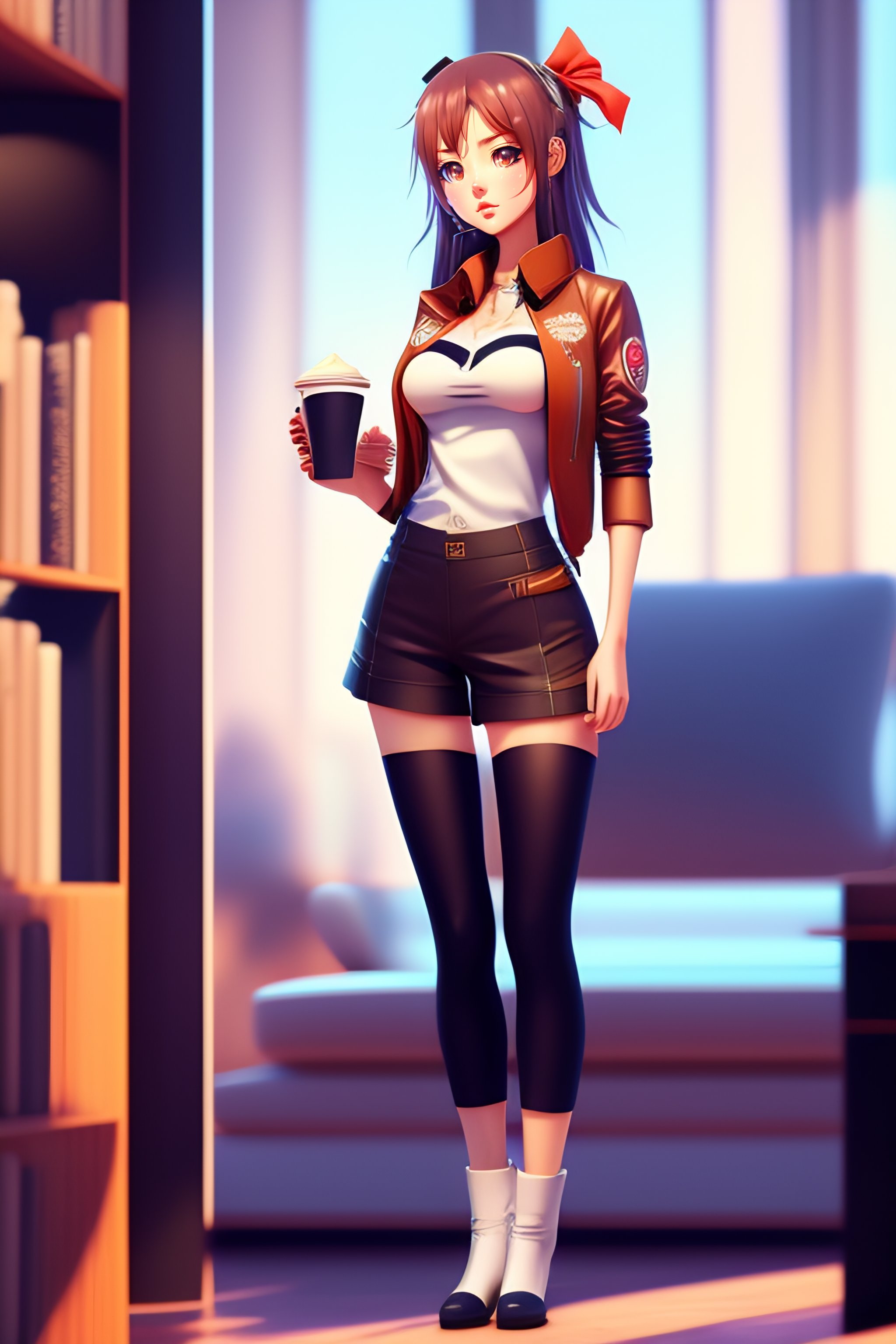 Lexica - Full body anime style model girl work working, books ...