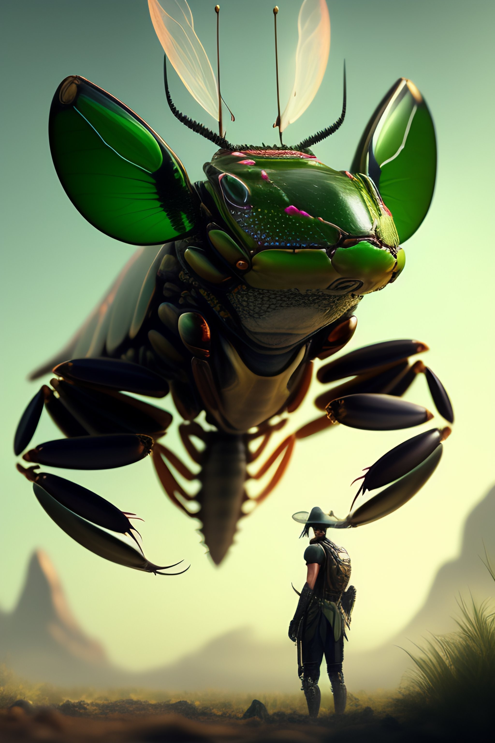 Lexica - Full body shot a of green human - mantis ; crab head with ...