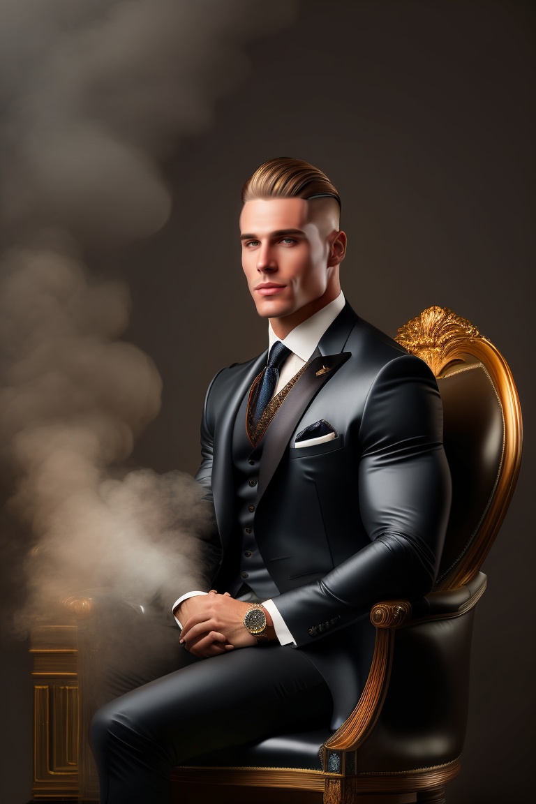 Lexica - A muscular masculine man in a black suit facing with the bach ...