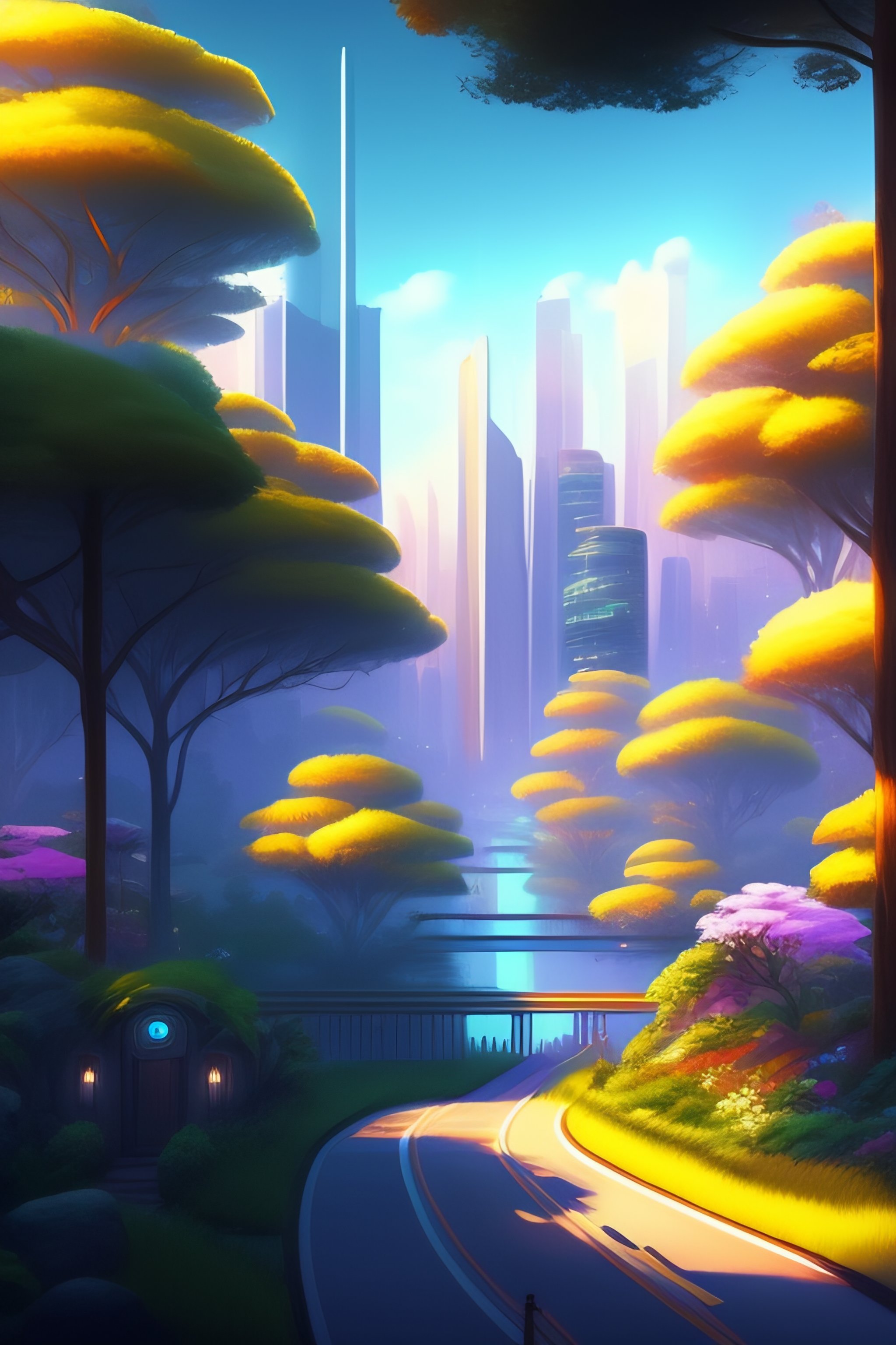 Lexica - Stunning urban city residential street, solar, lush, forest ...