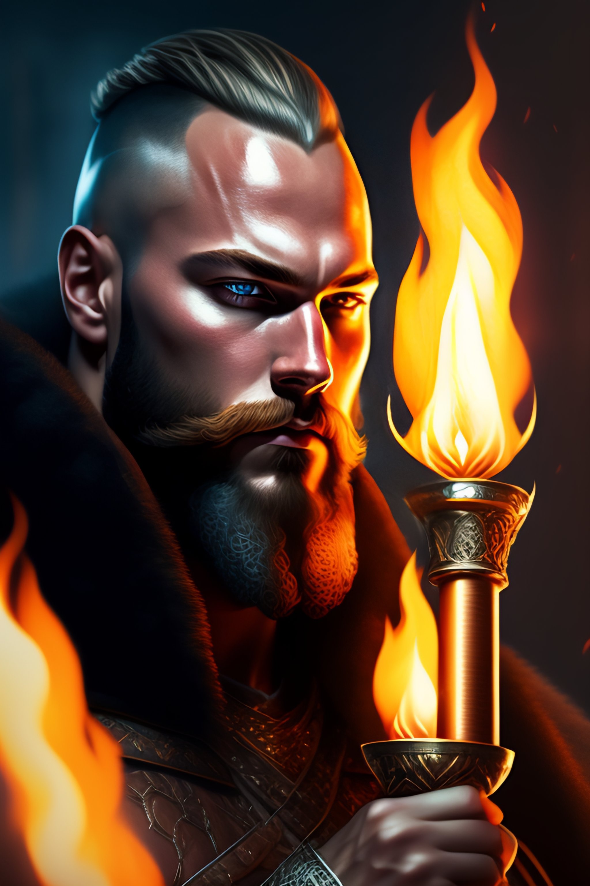 Lexica - Ragnar Lothbrok holding hammer in flames, realistic portrait ...