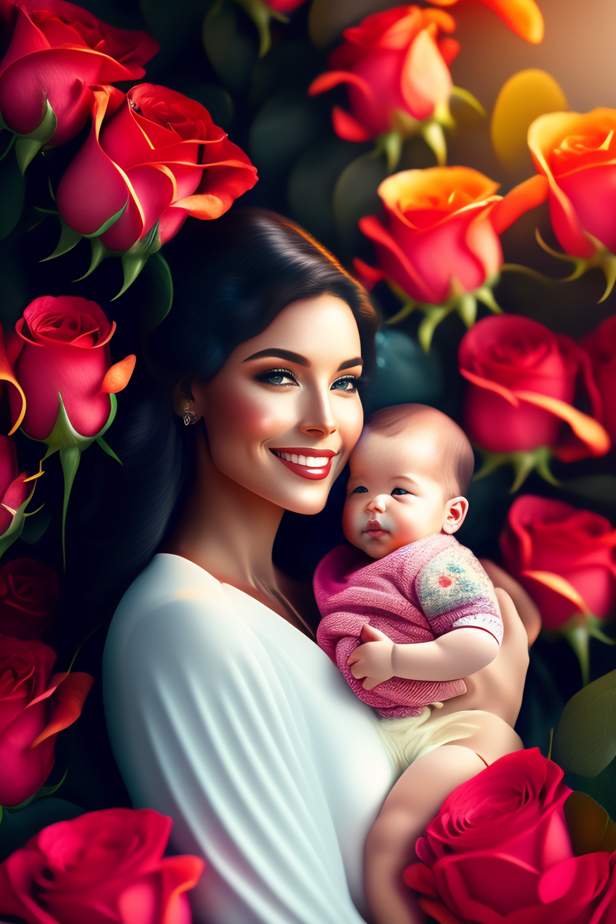 Lexica - Mother holding a baby boy in a room filled with roses, hyper ...