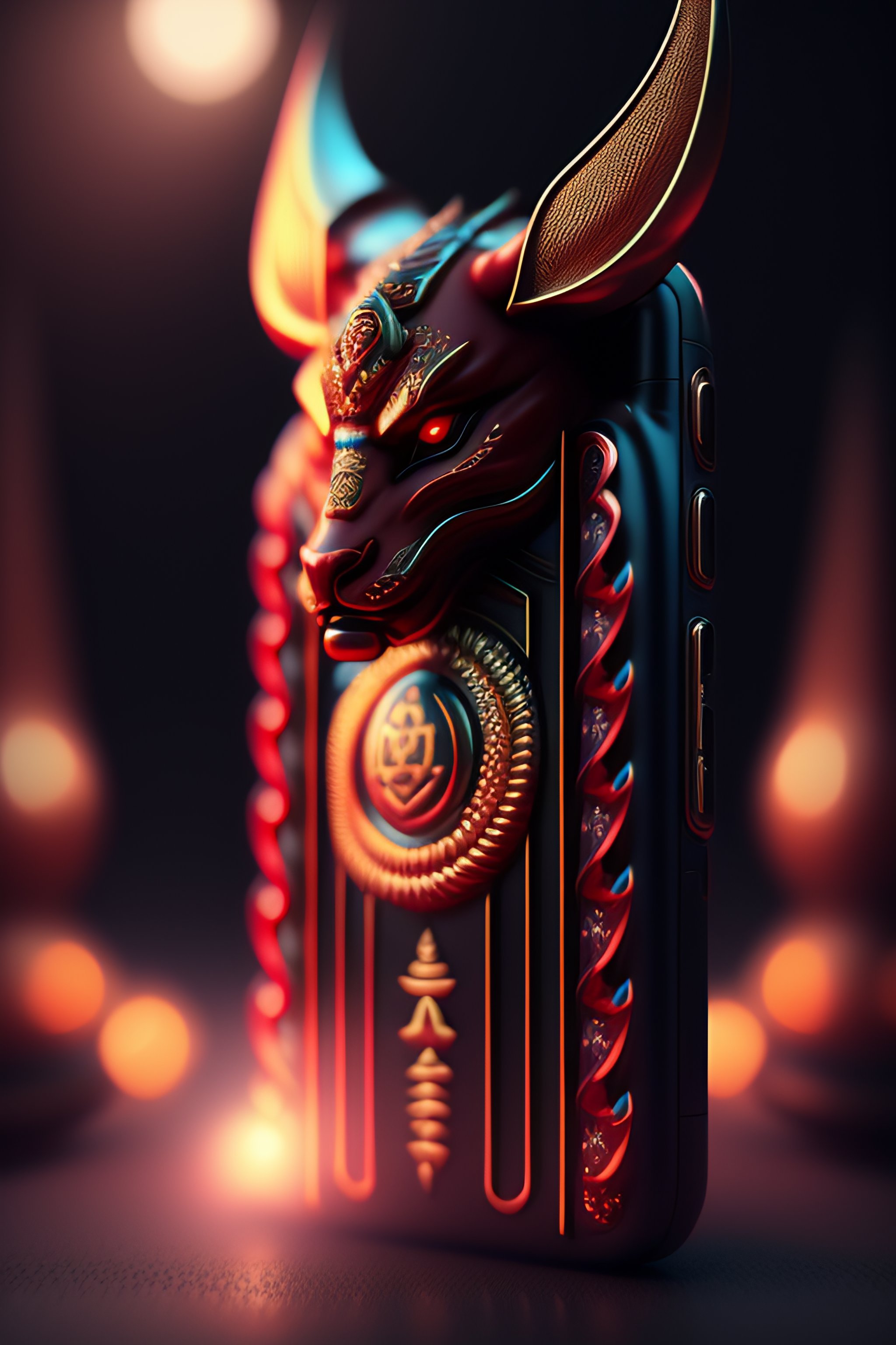Lexica - A mobile phone with a Japanese demon pattern, centred, night ...