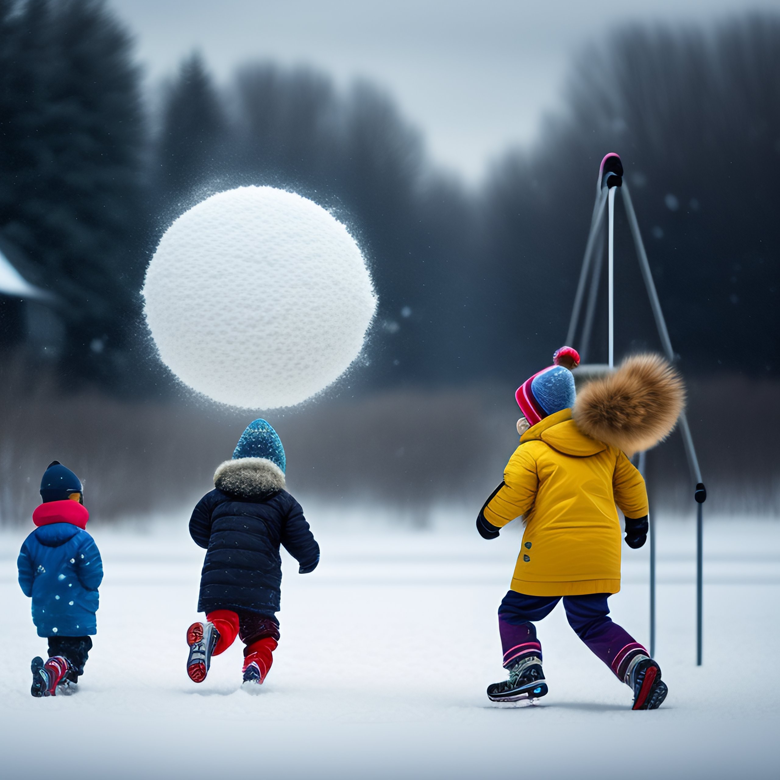 Lexica - A woman throwing snowballs at 3 kids running by a swing set in ...