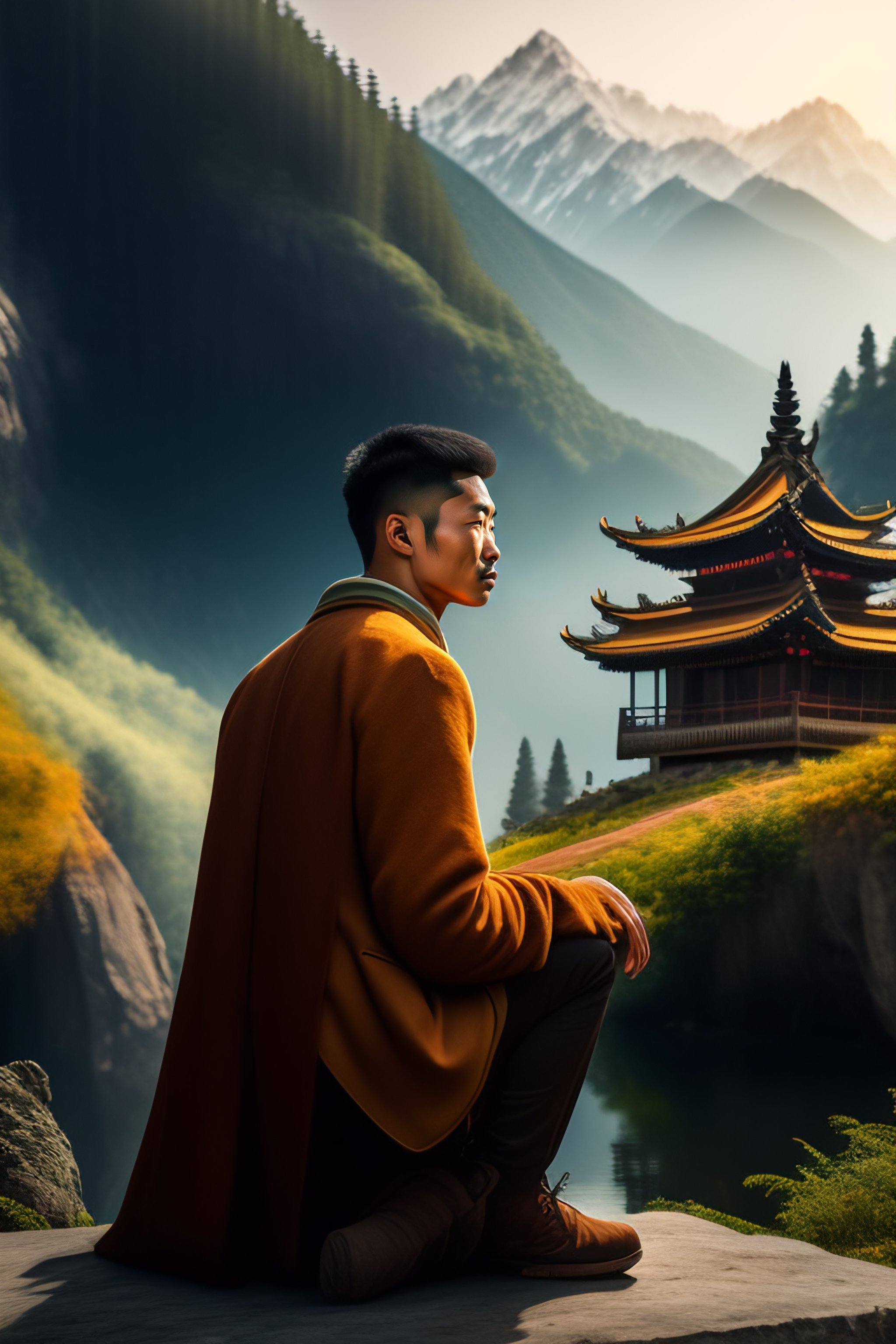 Lexica - Portrait of a young man kneeling in front of an old zen master ...