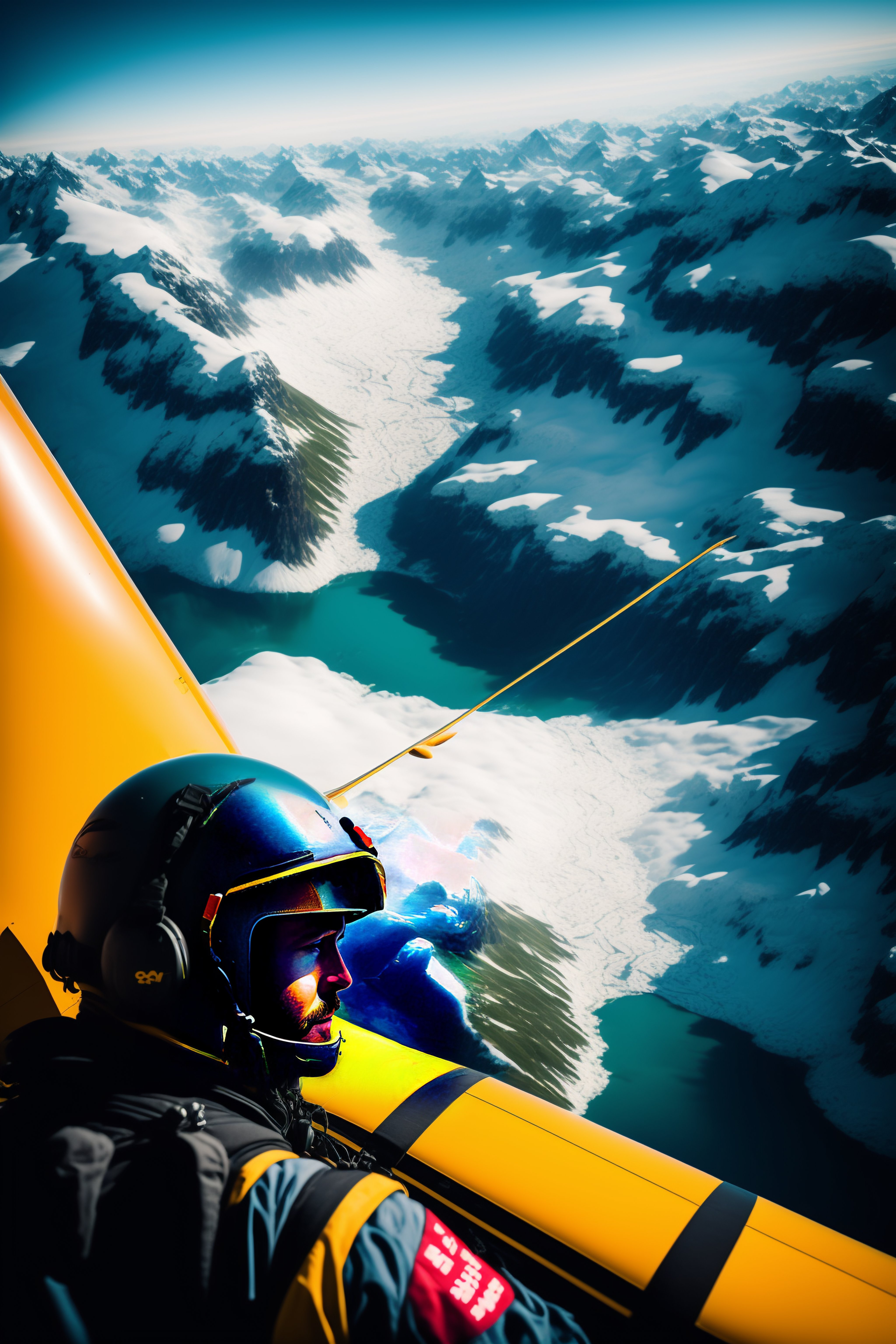Lexica - Portrait of a pilot flying over the swiss mountains in a plane