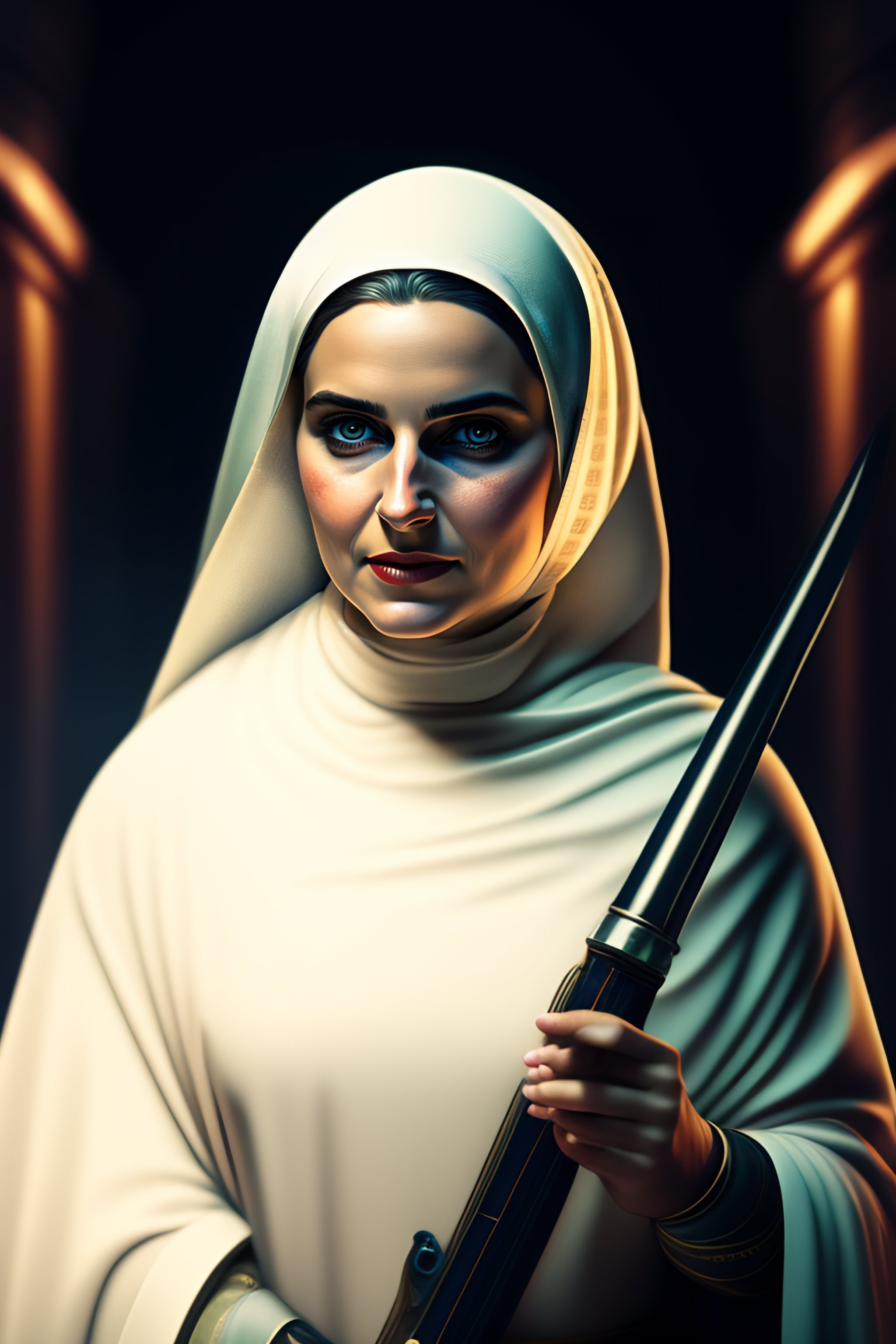 Lexica - Nun with weapon in hand, high quality, hyper realistic