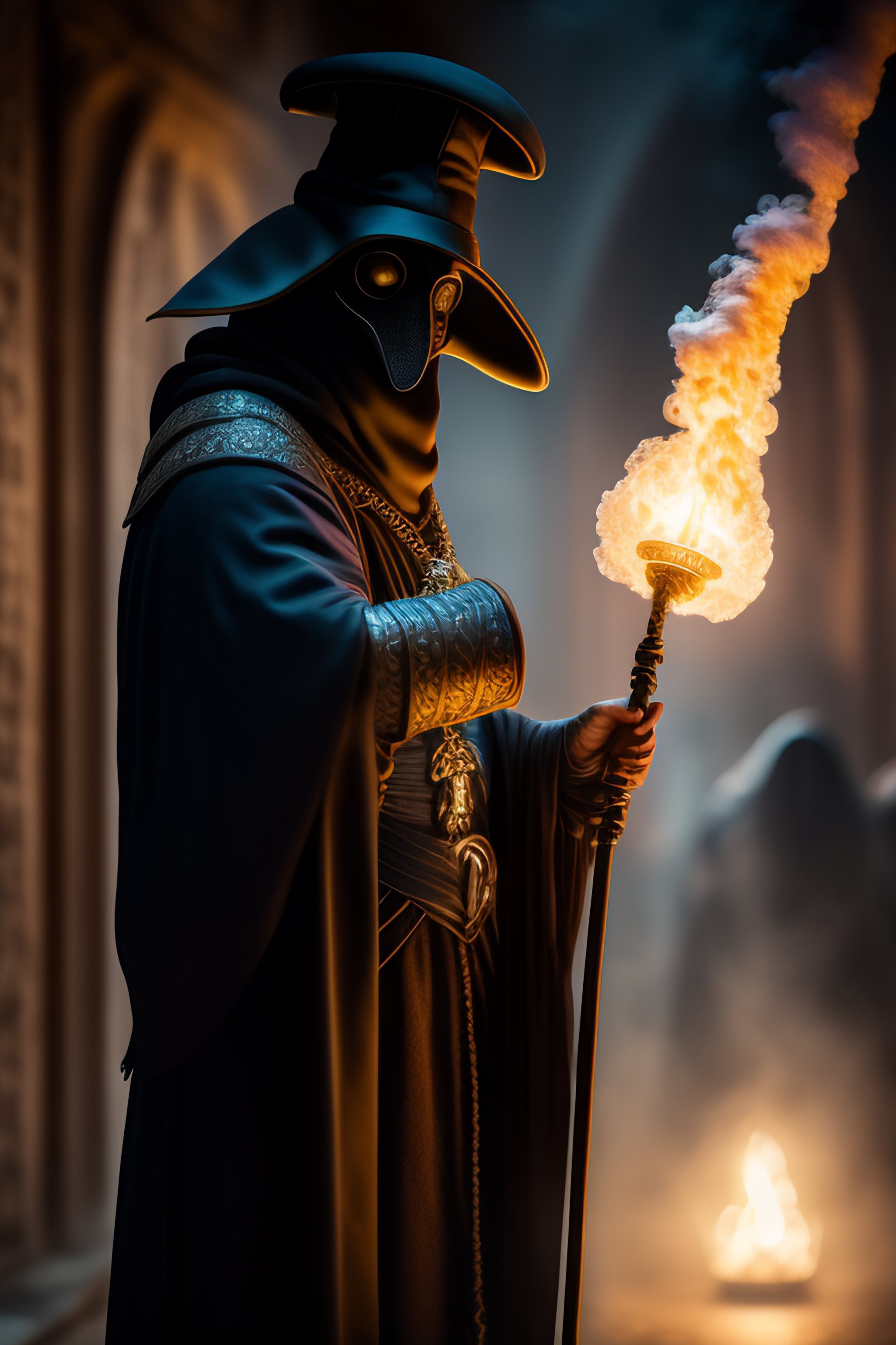 Lexica - A plague doctor holding a staff in one hand and a skull in the ...