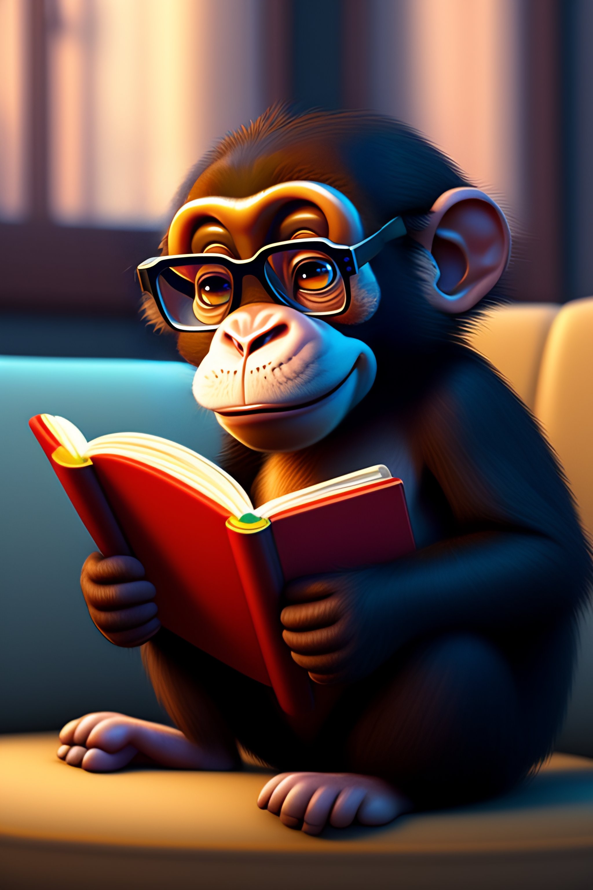 Lexica - Pixar art of a funny smiling monkey reading a book with glasses