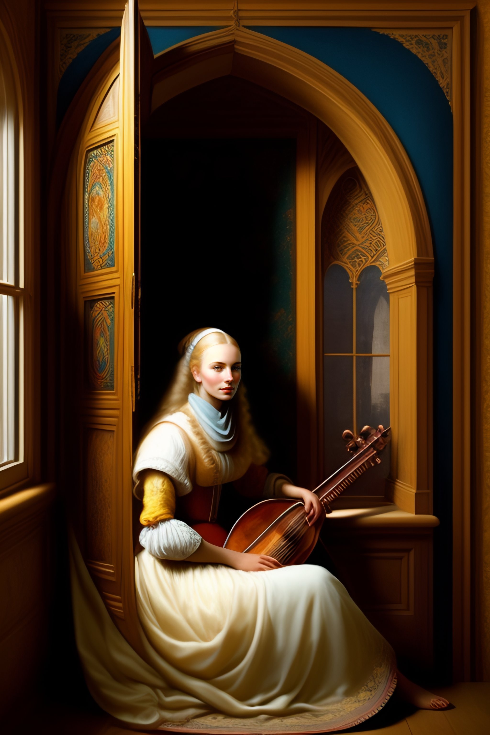Lexica - Young lady playing lute, blond hair, window on her right ...