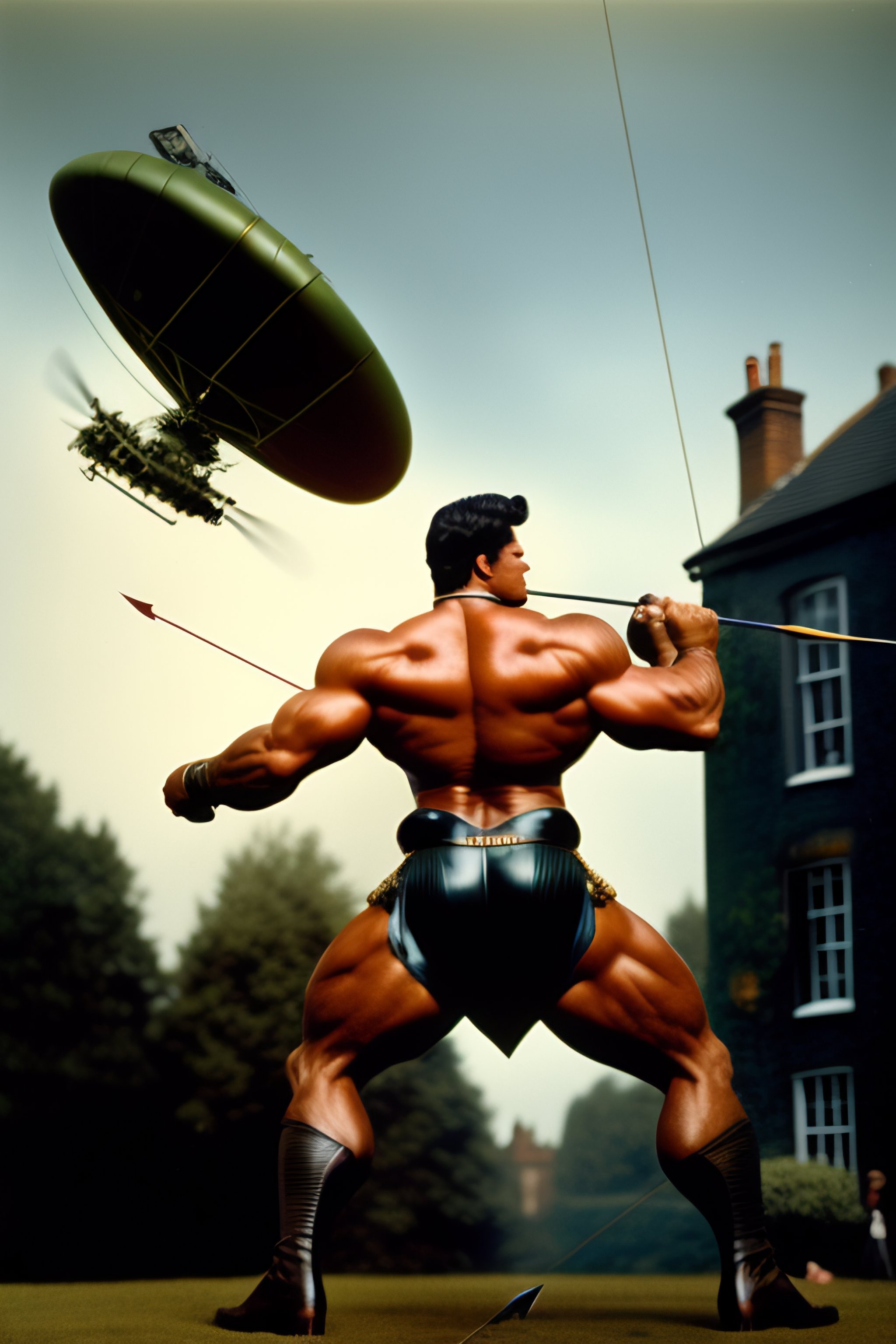 Lexica - Hulk shooting a helicopter with bow and arrows in a suburban ...