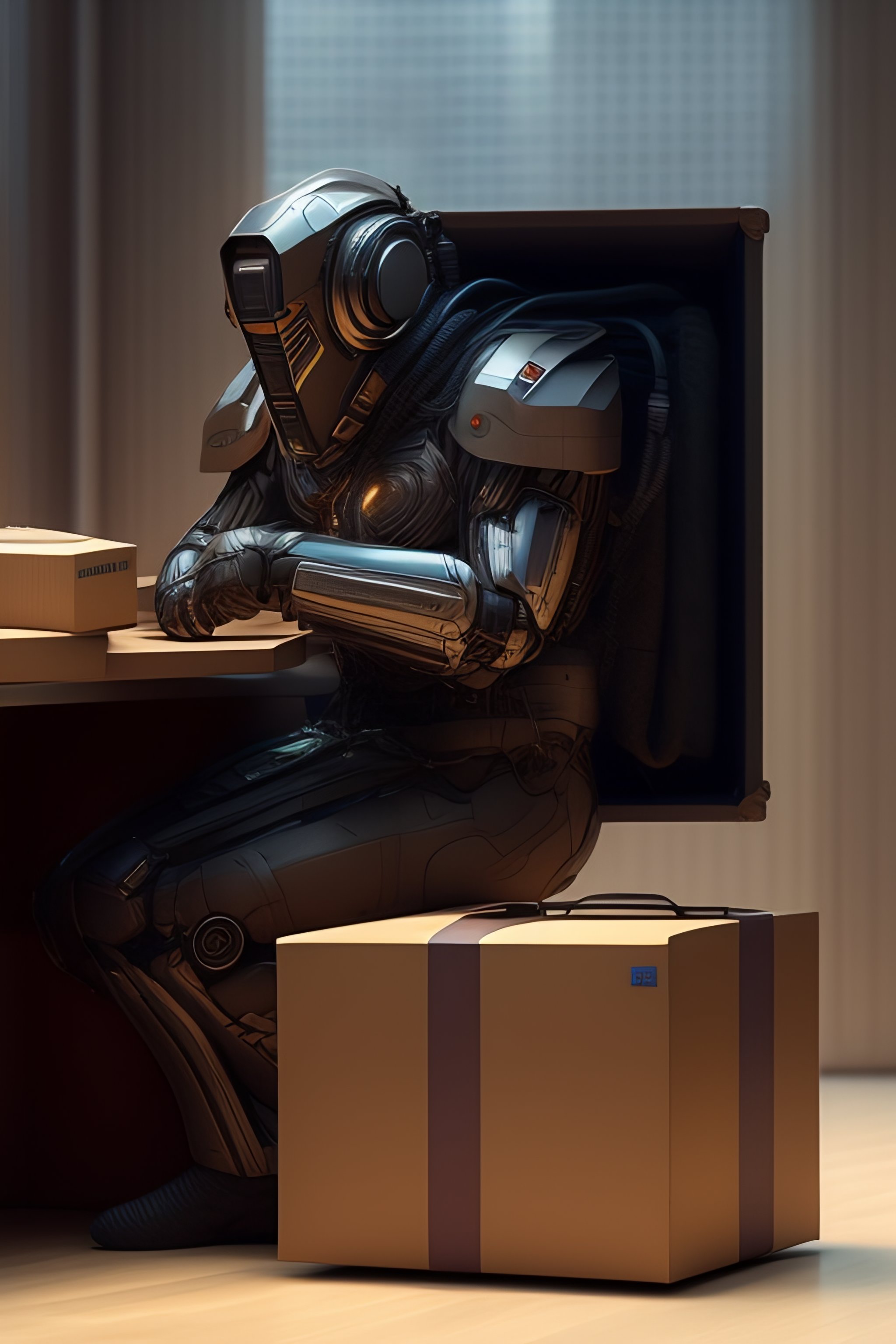 Lexica - A cyborg holding a cardboard box full of desk items at a desk ...