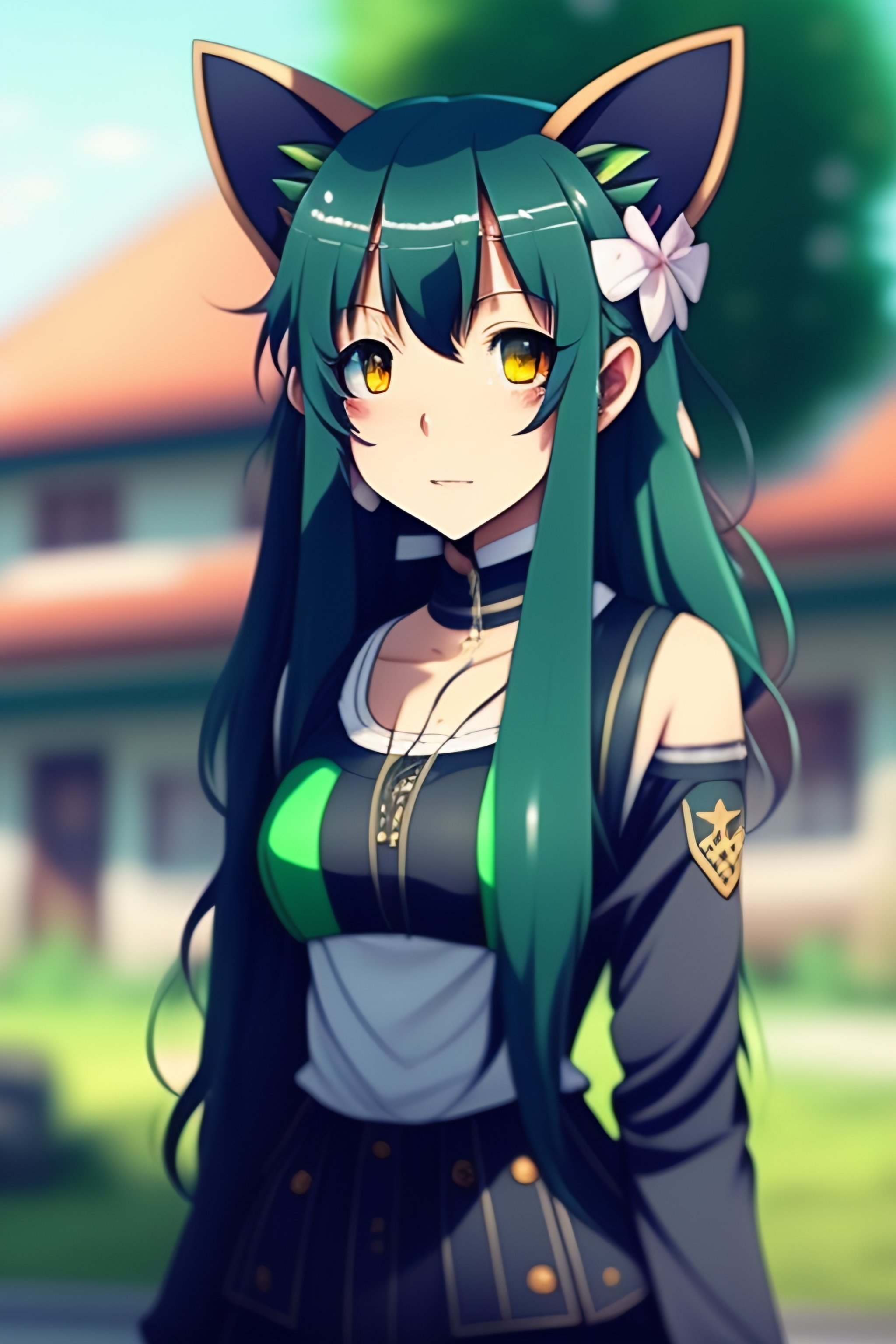 Lexica - Cute anime girl, long hair, green eyes, blue hair, house in ...
