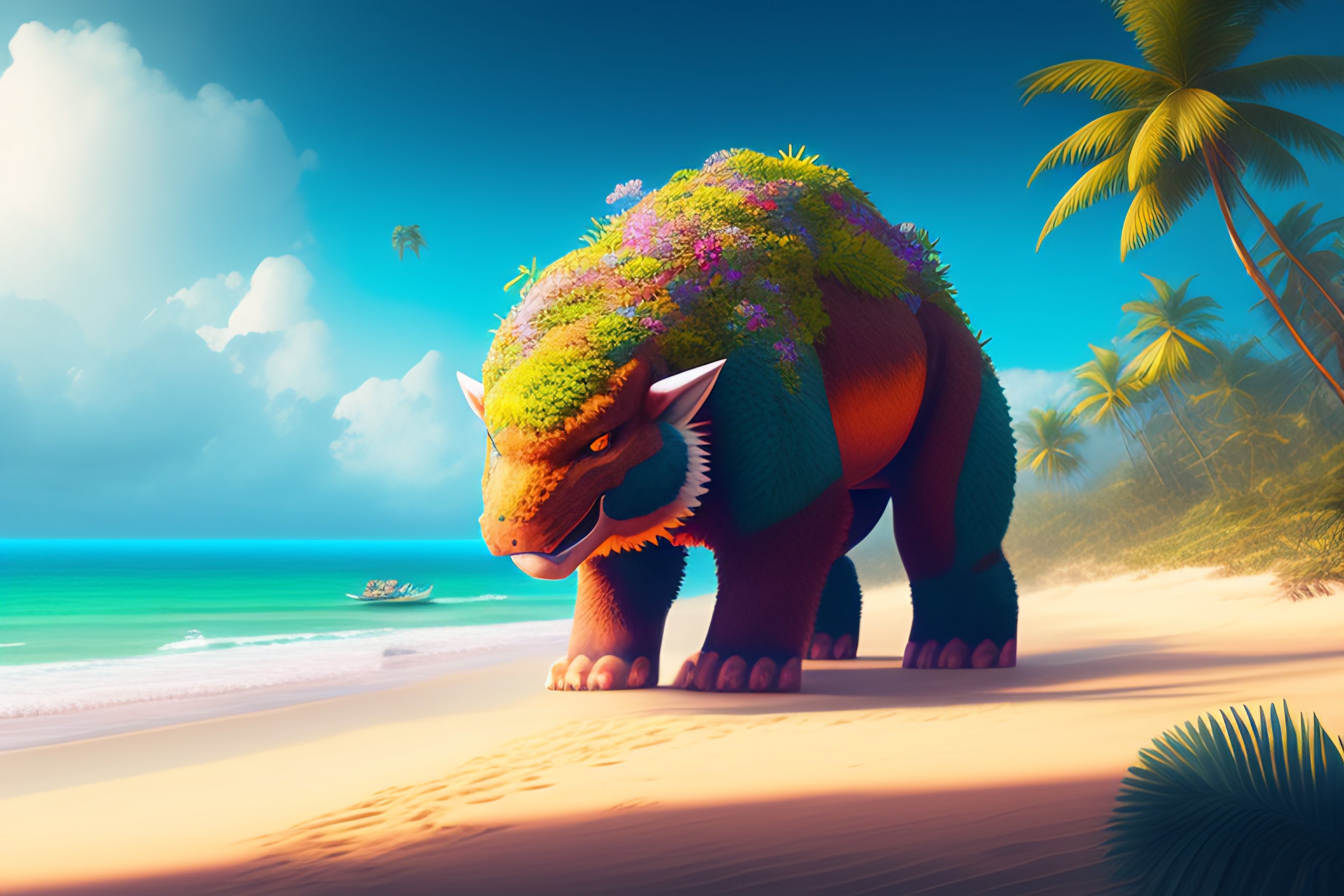 Lexica - Giant pokemon monster creature on tropical beach sand ...