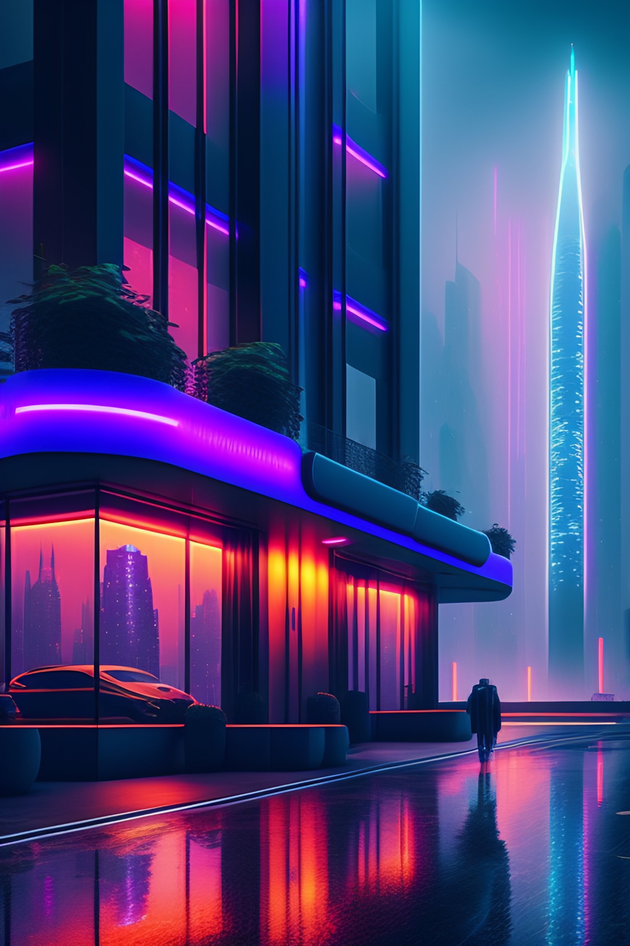 Lexica - Cyberpunk city, skyline, cocktail club door outside, its ...