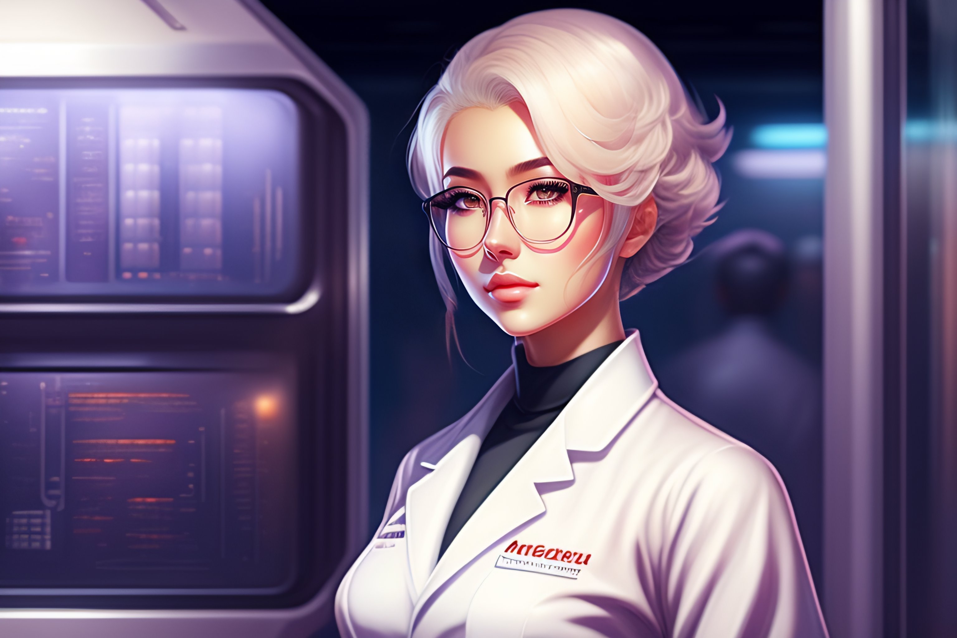Lexica - Beautiful anime girl with short white hair, wearing lab coat ...