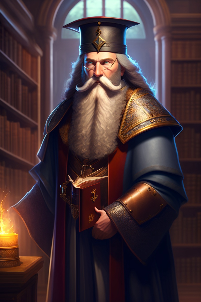 Lexica - Wise wizard, long beard and mysterious tome, standing in dimly ...