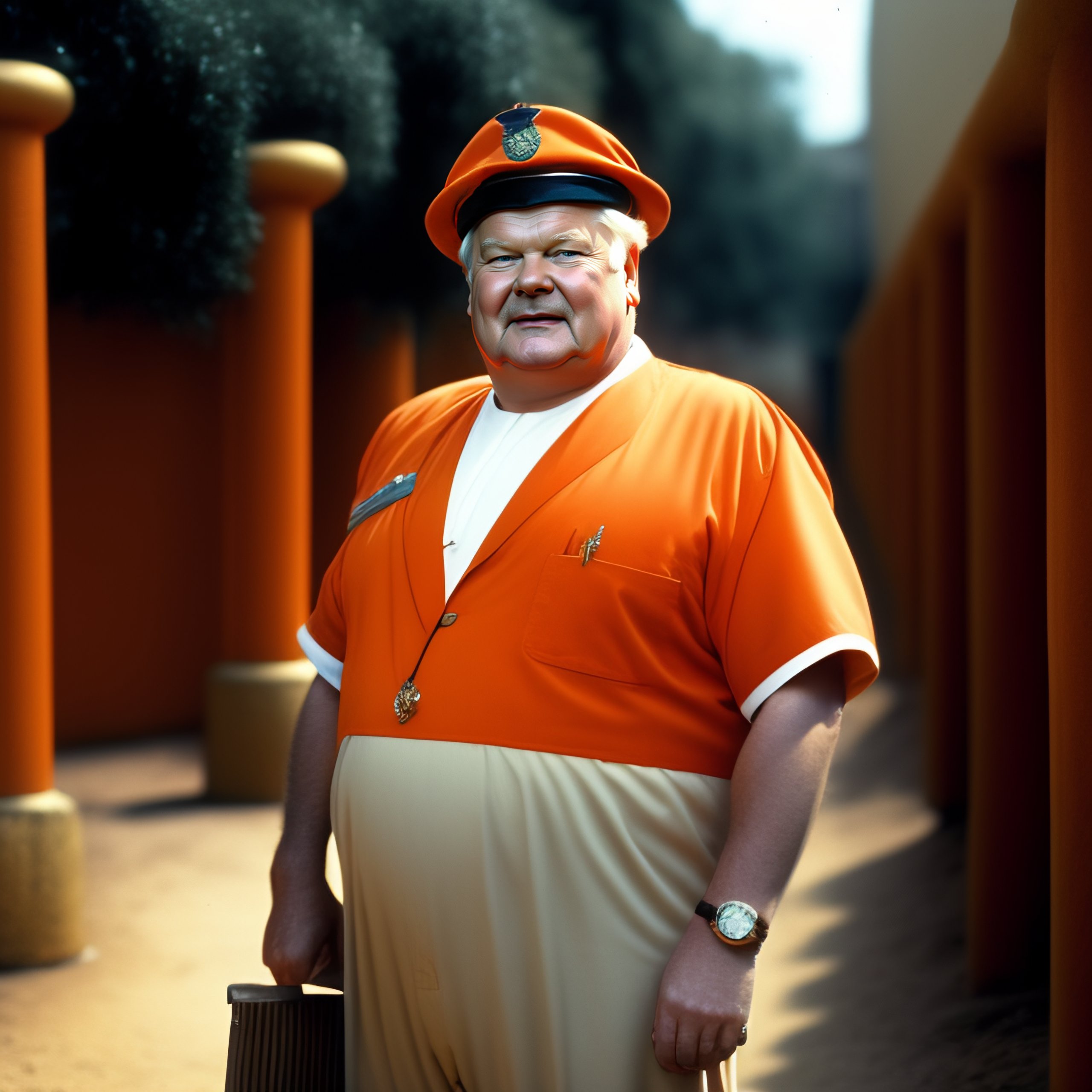 Lexica - Benny hill in orange jail jumpsuit in prison courtyard