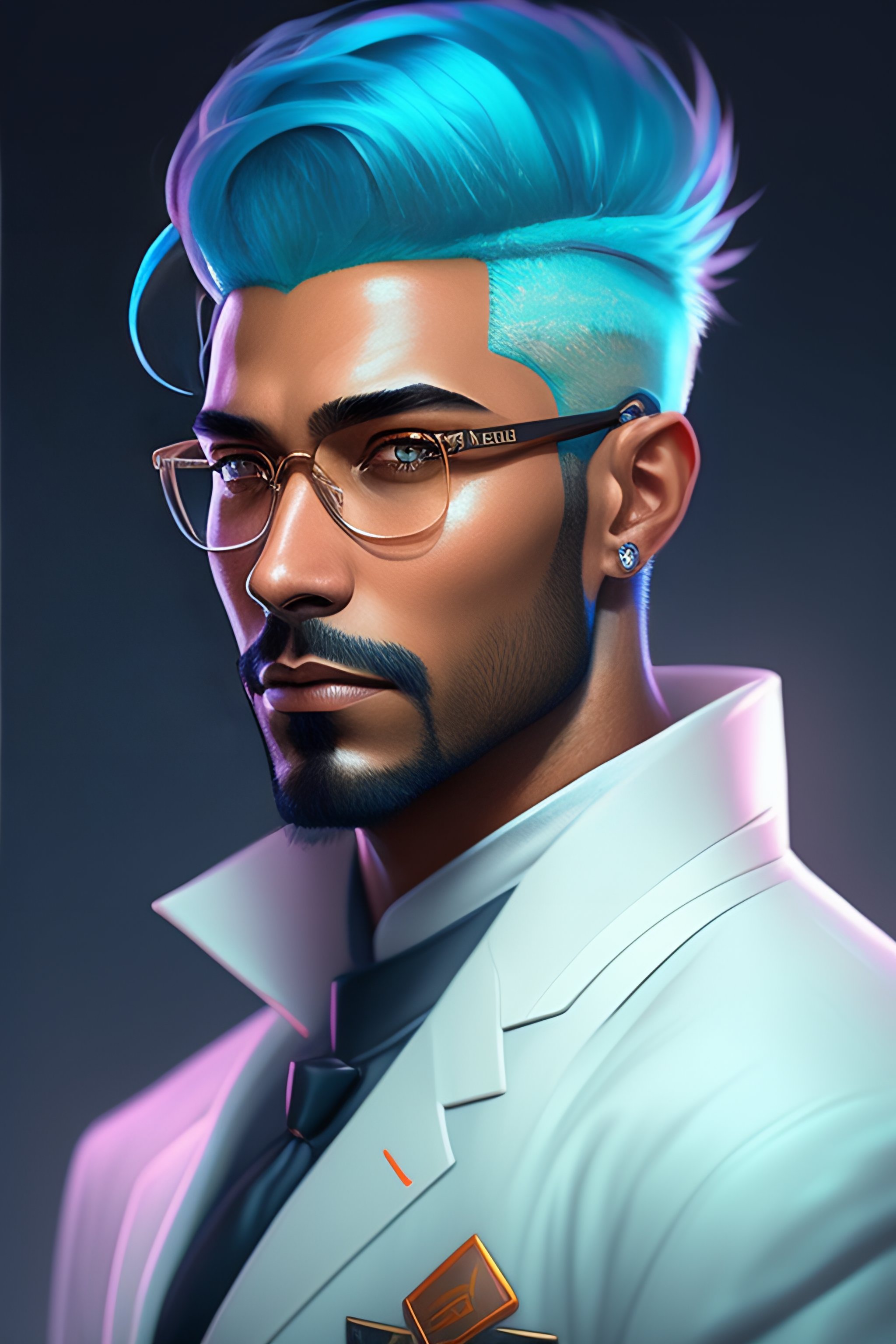 Lexica - A portrait of a fake tan male scientist with cyan blue hair by ...