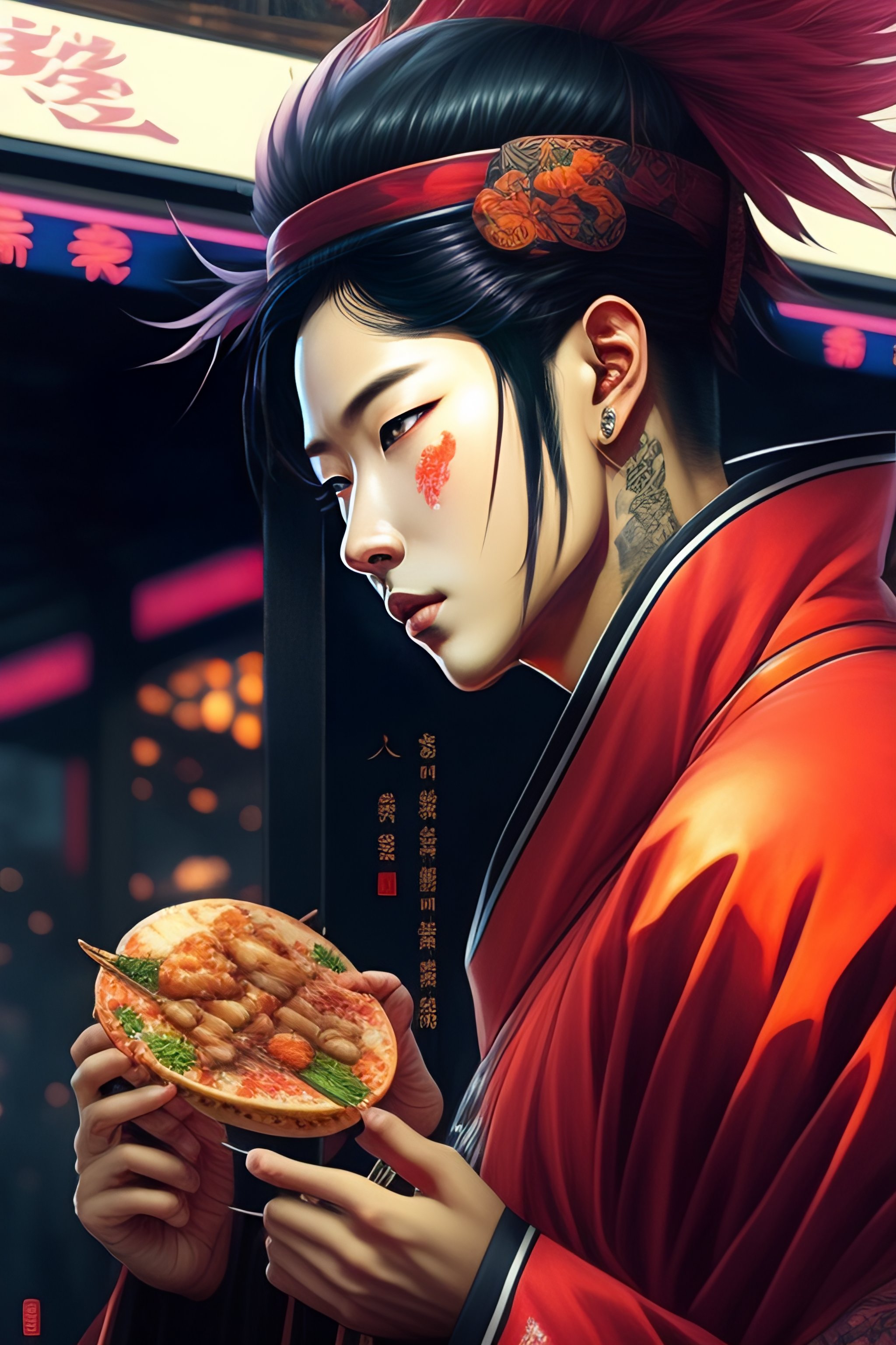 Lexica - A beautiful ukiyo painting of cyberpunk ninja eating chicken ...