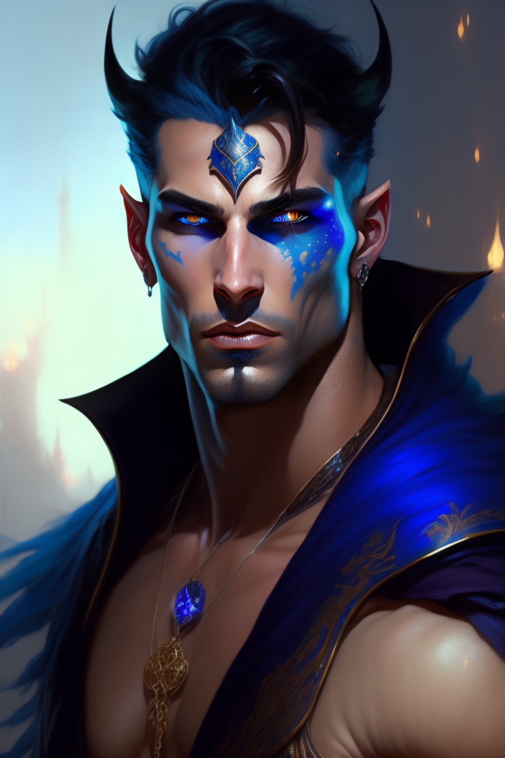 Lexica - Handsome tiefling guy with blue skin and horns and dark hair ...