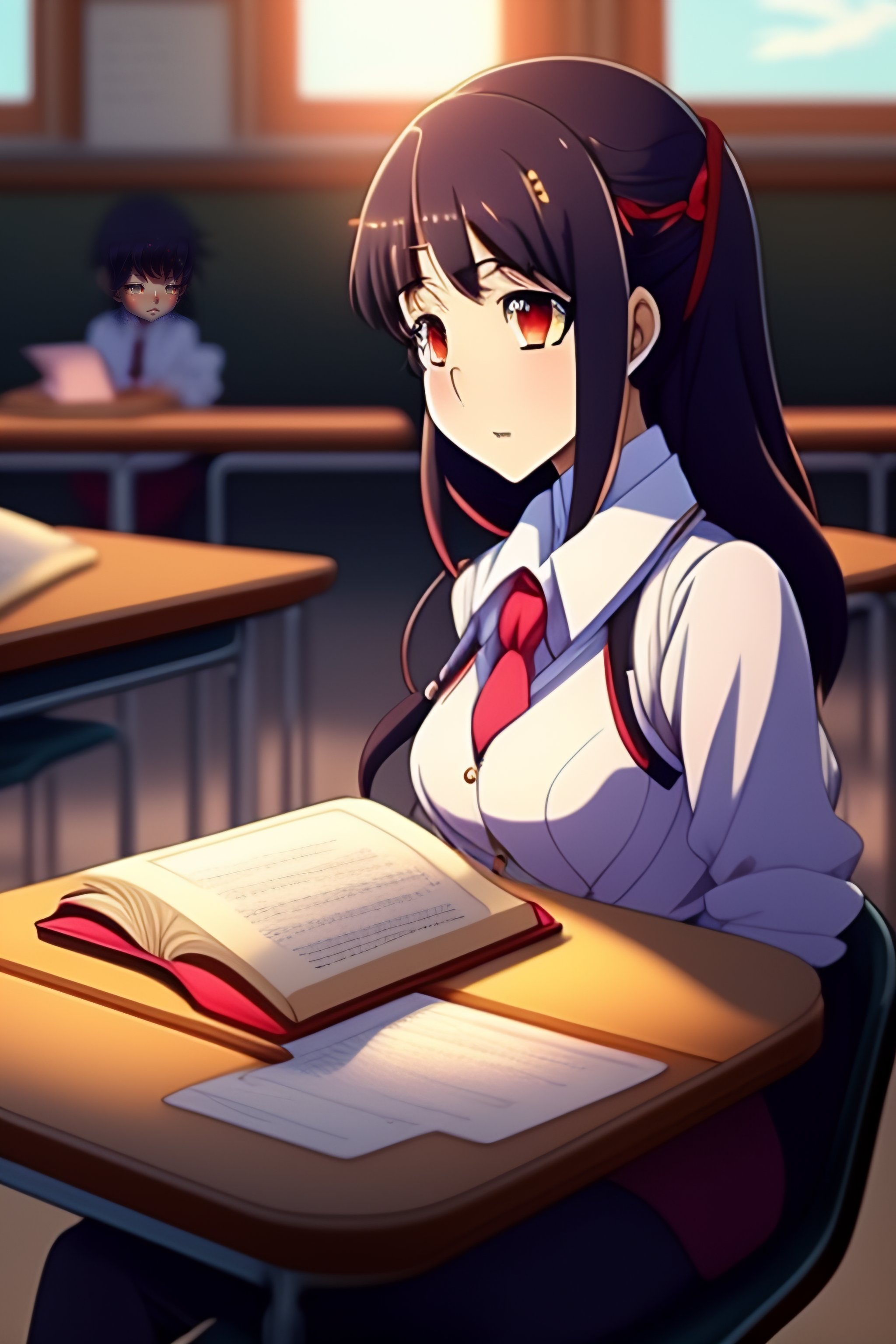 Lexica - Beautiful teacher, classroom, anime style, book in hand, warm