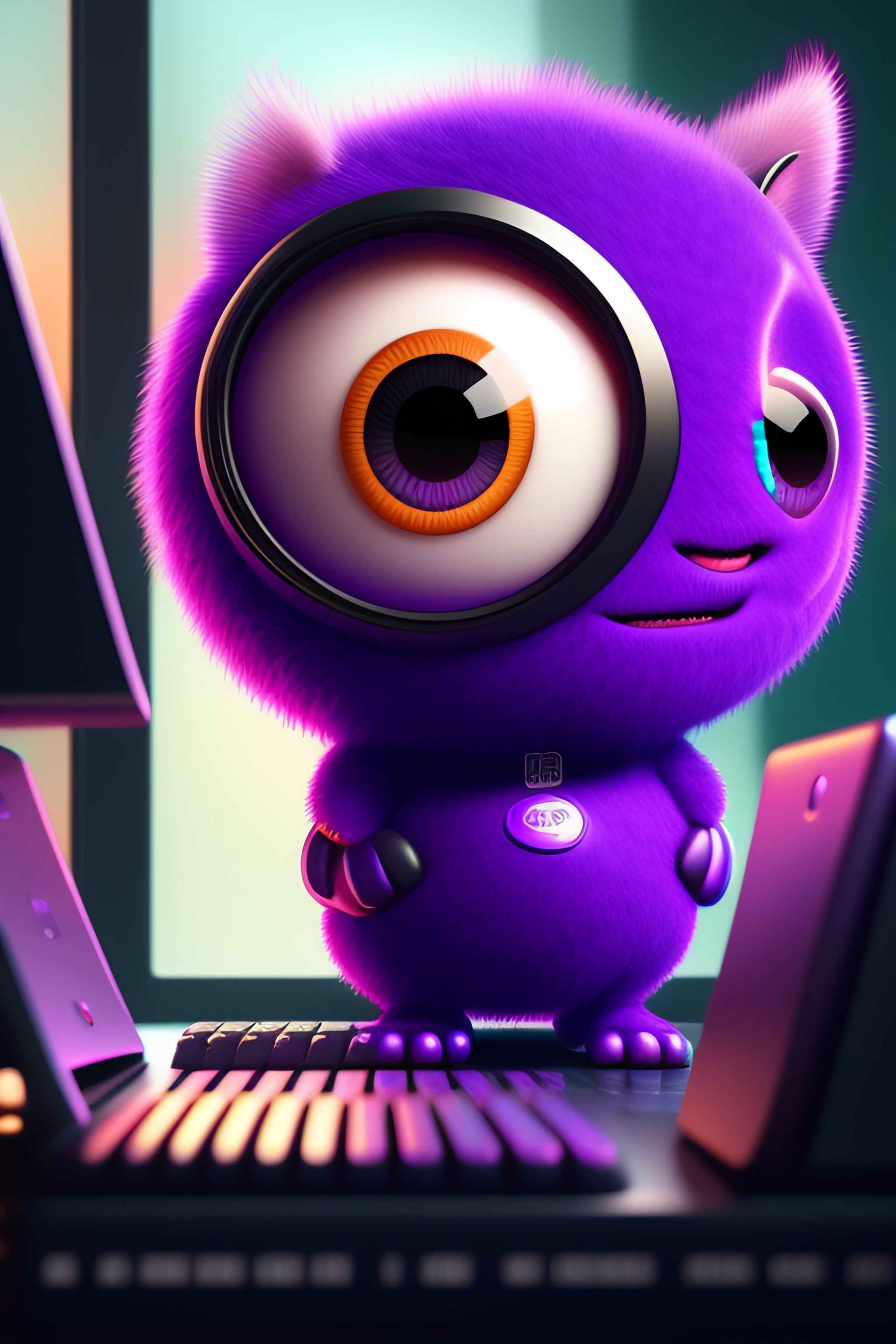 Lexica - One cute purple monster with big eyes debugging on a computer