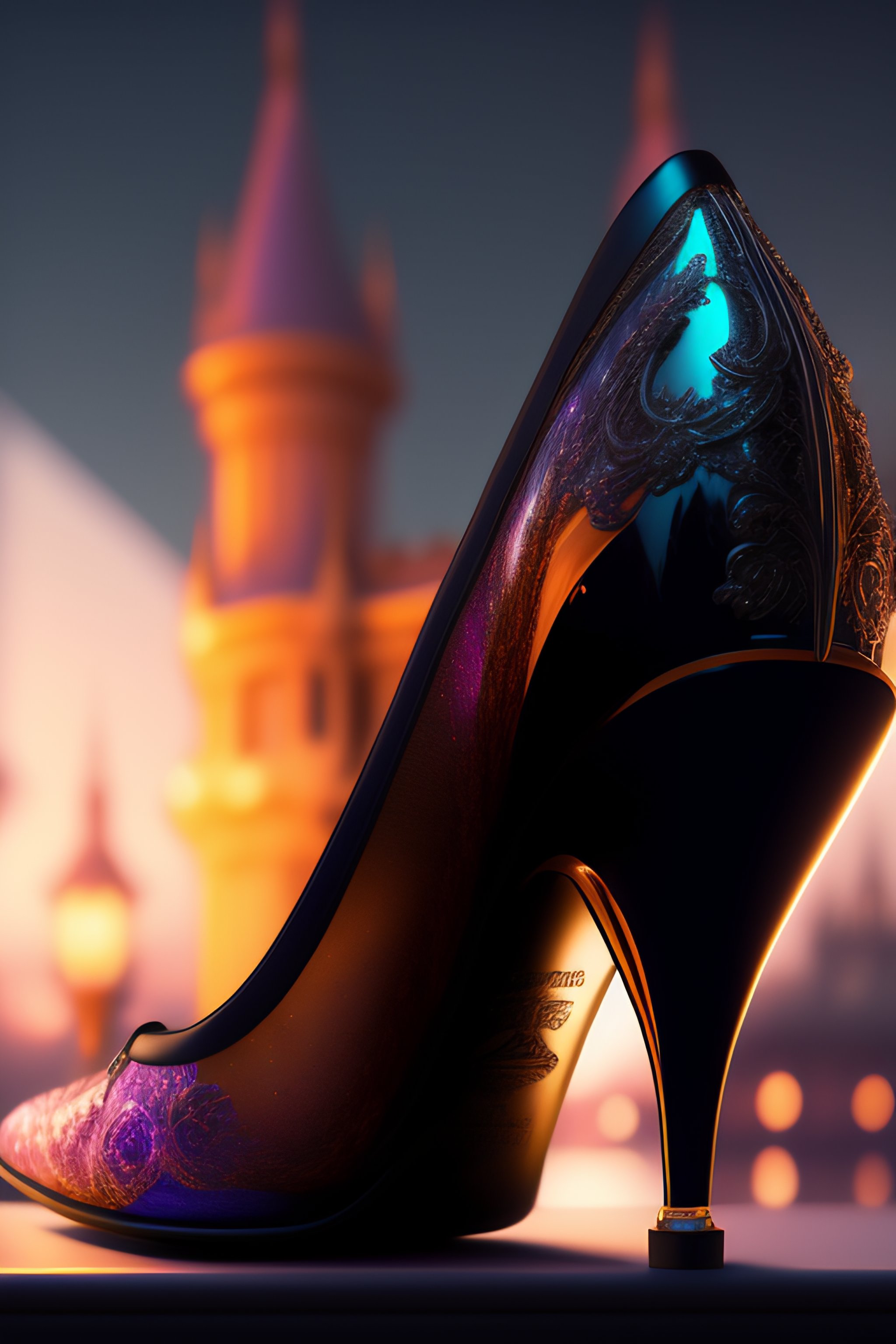 Lexica - Abstract dark fantasy transparent high heel shoe in front of a ...