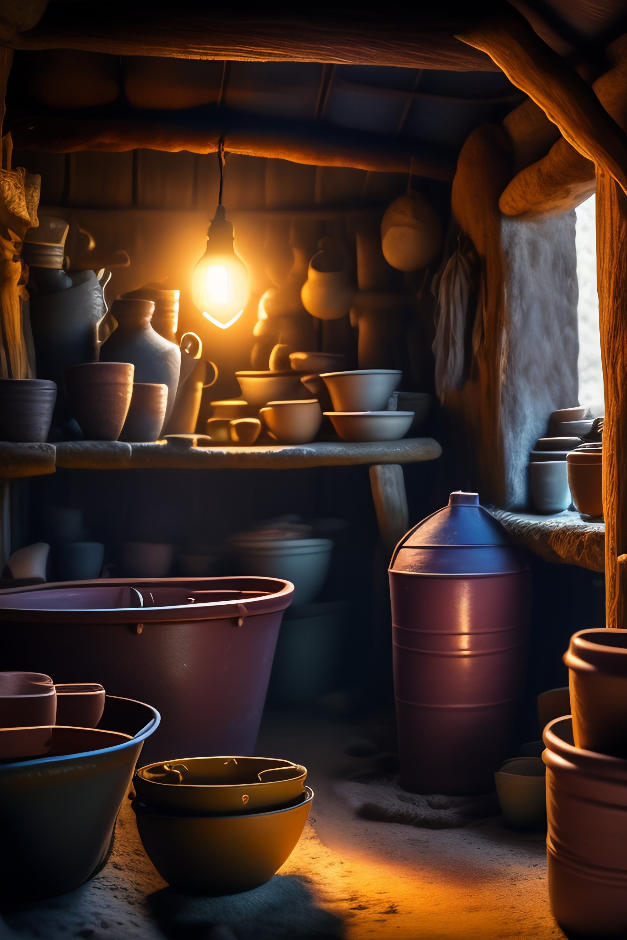 Lexica - Jesus in a shack full of cluttered and messy clay pots, action ...