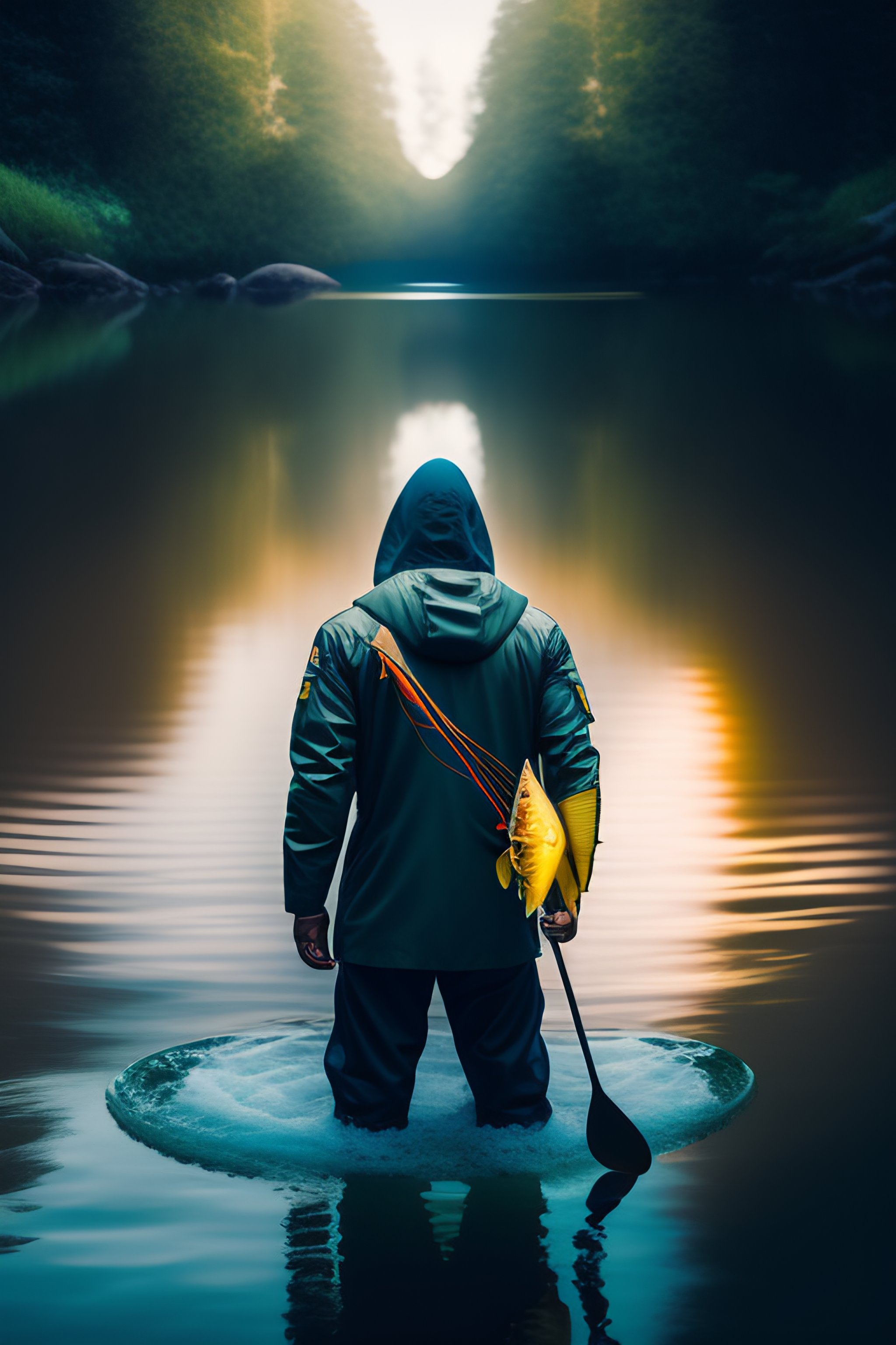 Lexica - Fisherman with fly fishing pole stands in forested river ...