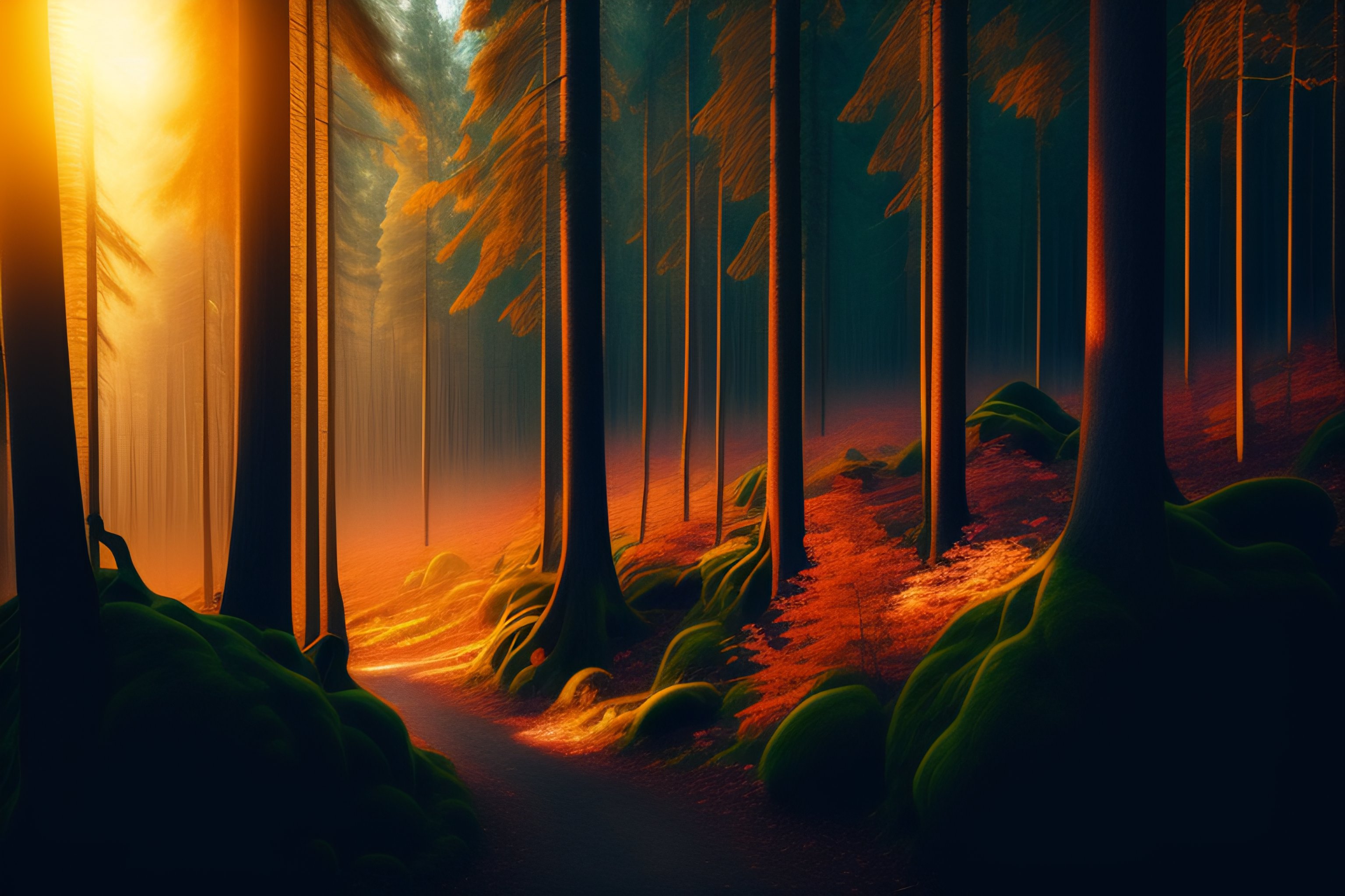 Lexica - A dark fantasy forest at golden hour, highly detailed ...