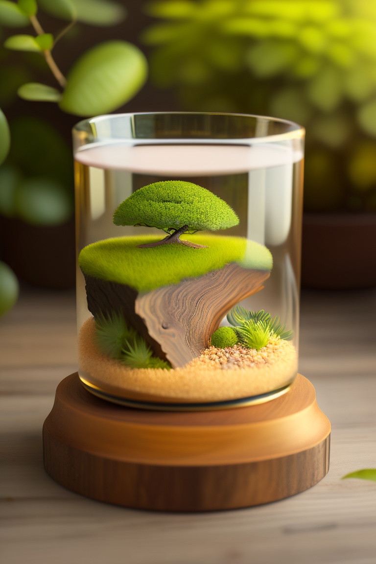 Lexica - Moss on a dead wooden piece in a glass terrarium, gold detail ...