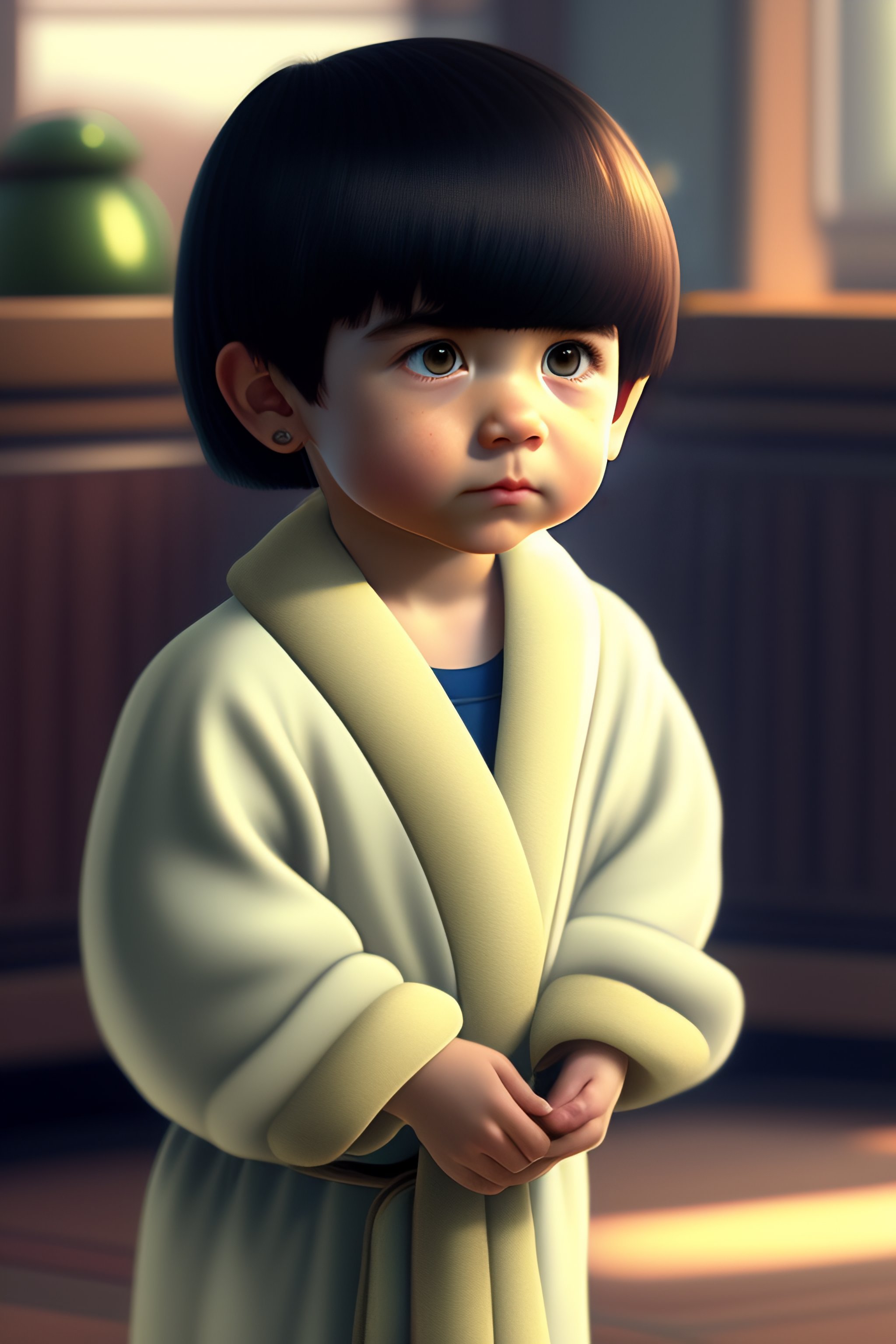Lexica - Little poopy boy in robe and bowl cut hair, realism, pixar style