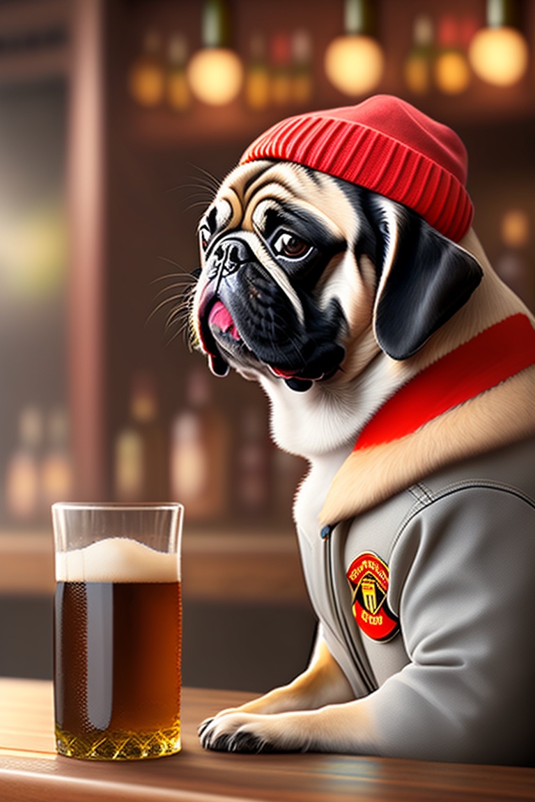 Lexica - Pug sitting at a bar, drinking beer from a bottle while ...