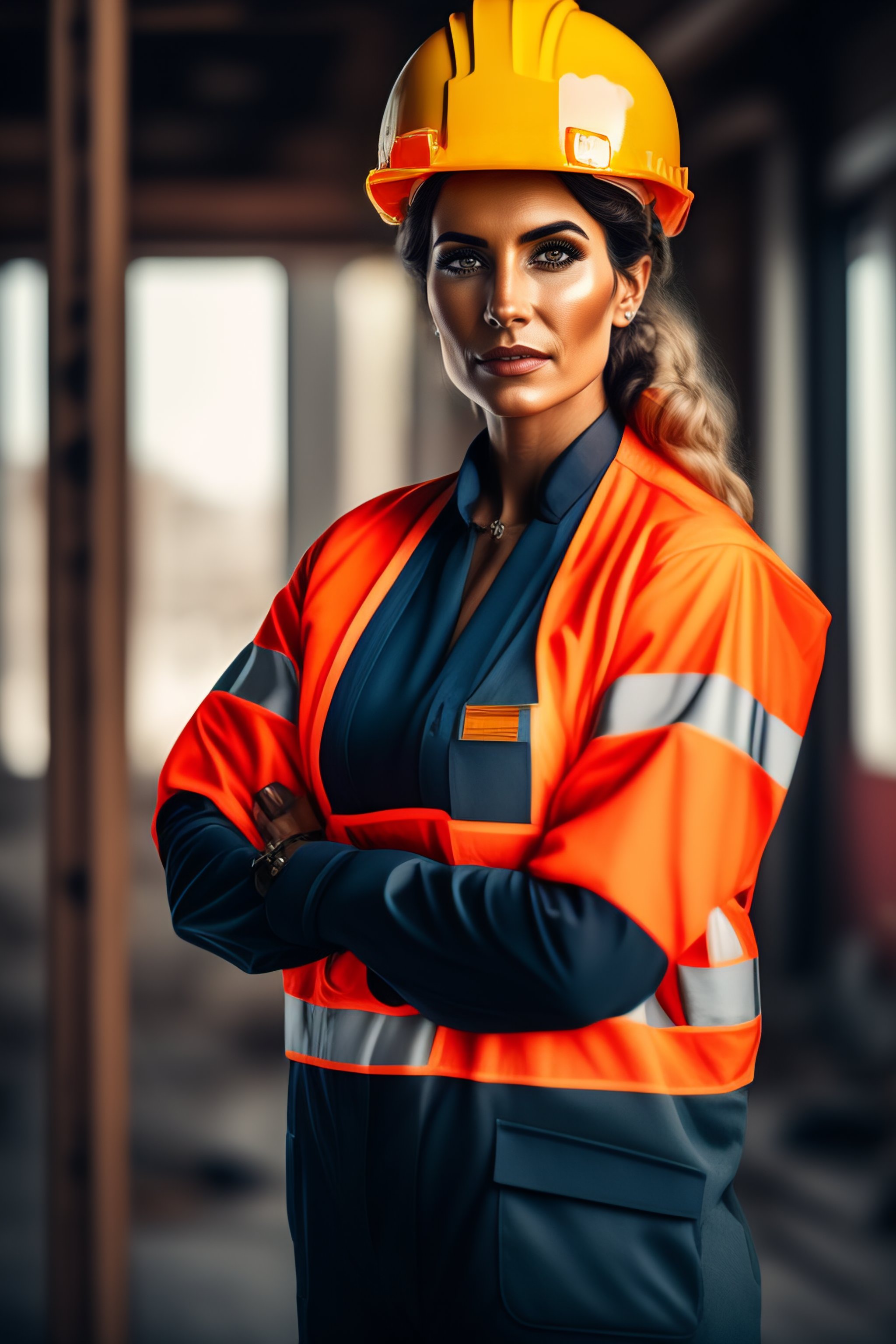 Lexica - Portrait of a female arms crossed in a construction worker costume