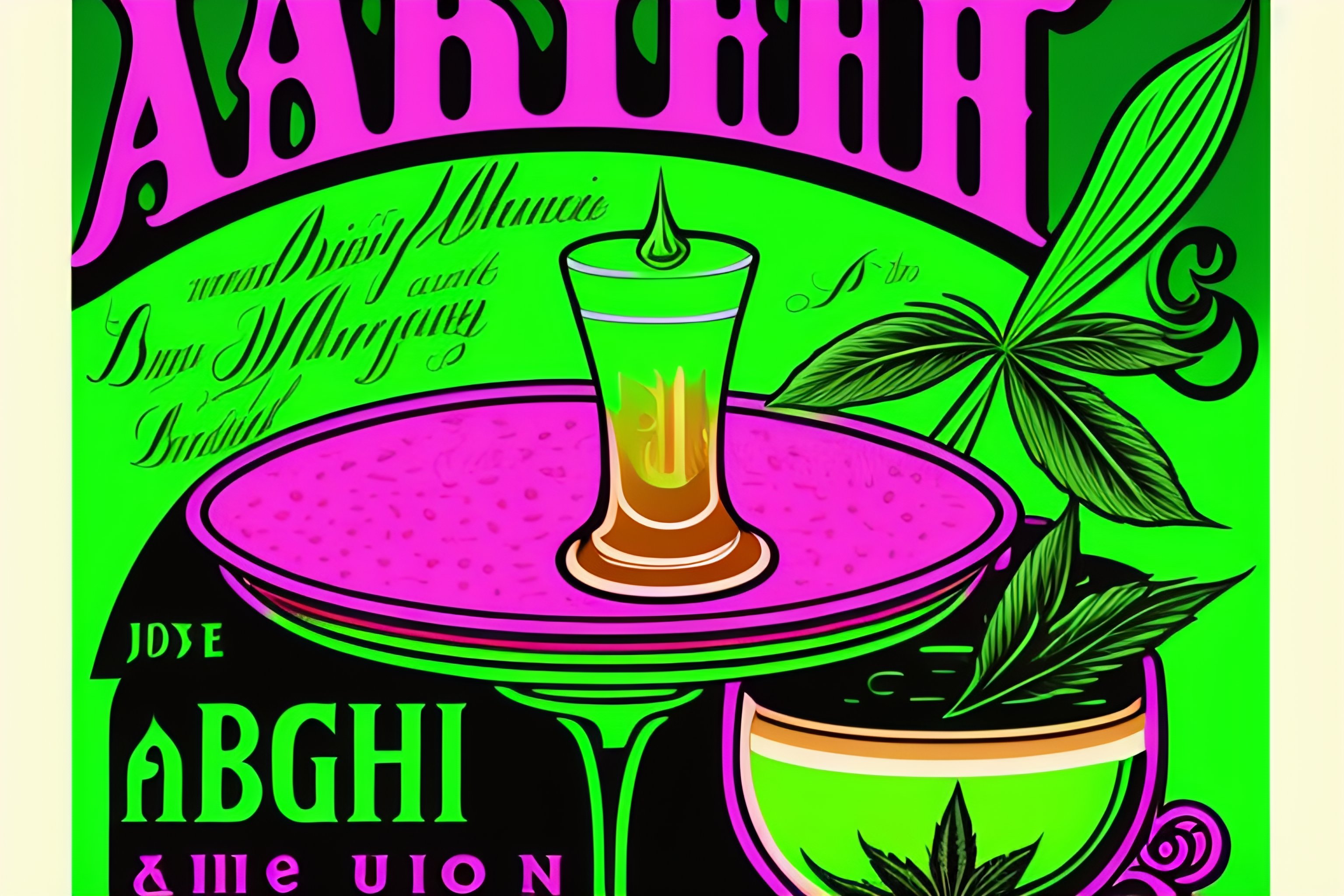 Lexica - Absinthe poster, cannabis, green and pink, cartoon, line art ...