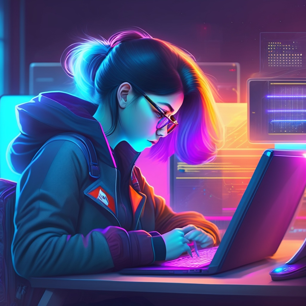 Lexica - Programmer girl studying in the computer, hacker, cyberpunk