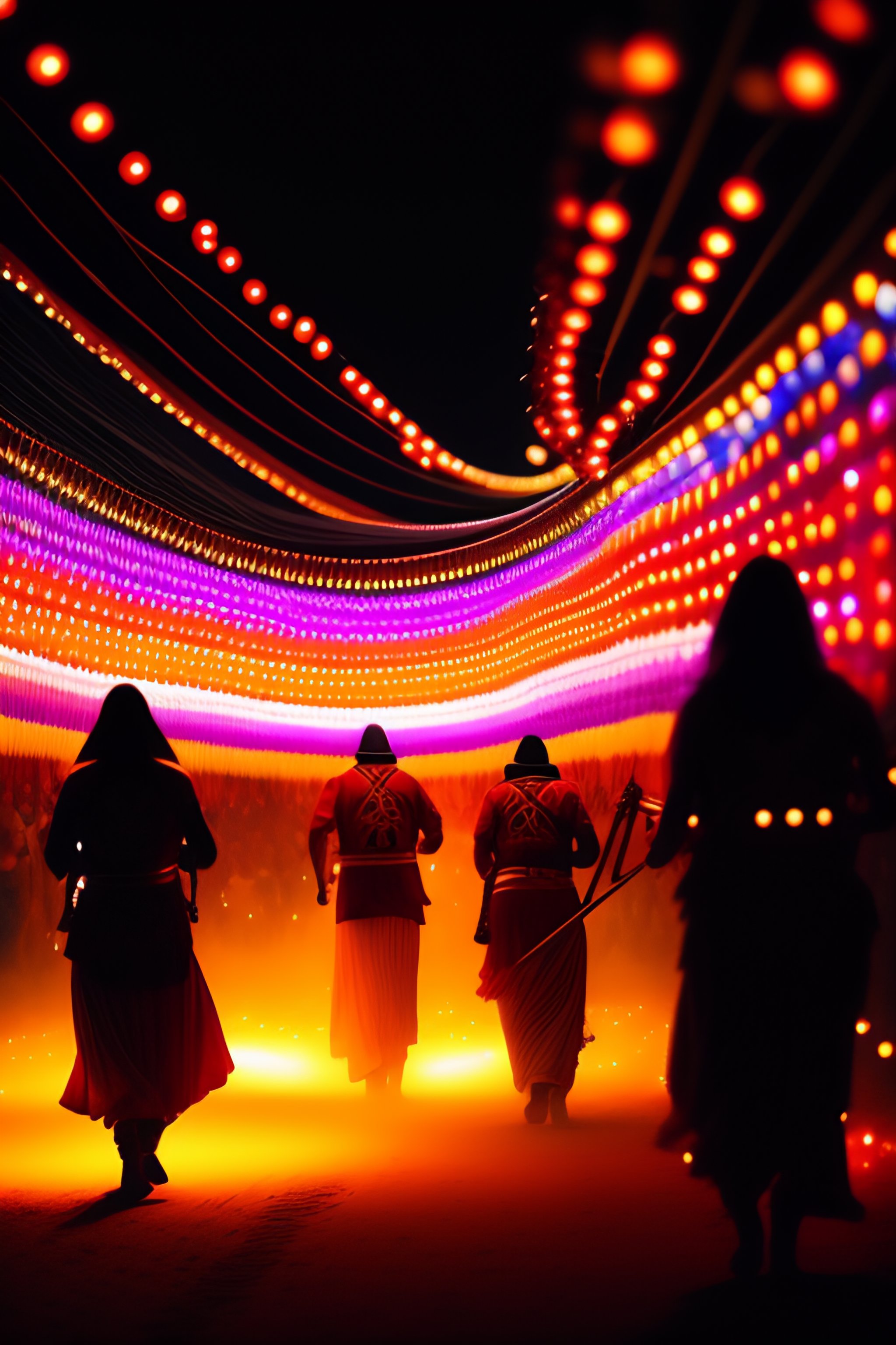 Lexica - Psychedelic. many indigenous people beating drum. Rows of light.