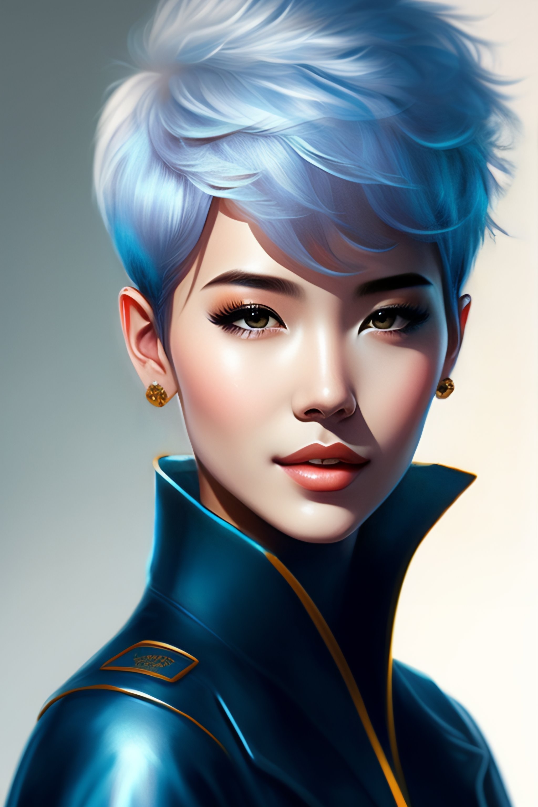 Lexica - White short pixie cut hair woman blue jacket Korean digital ...