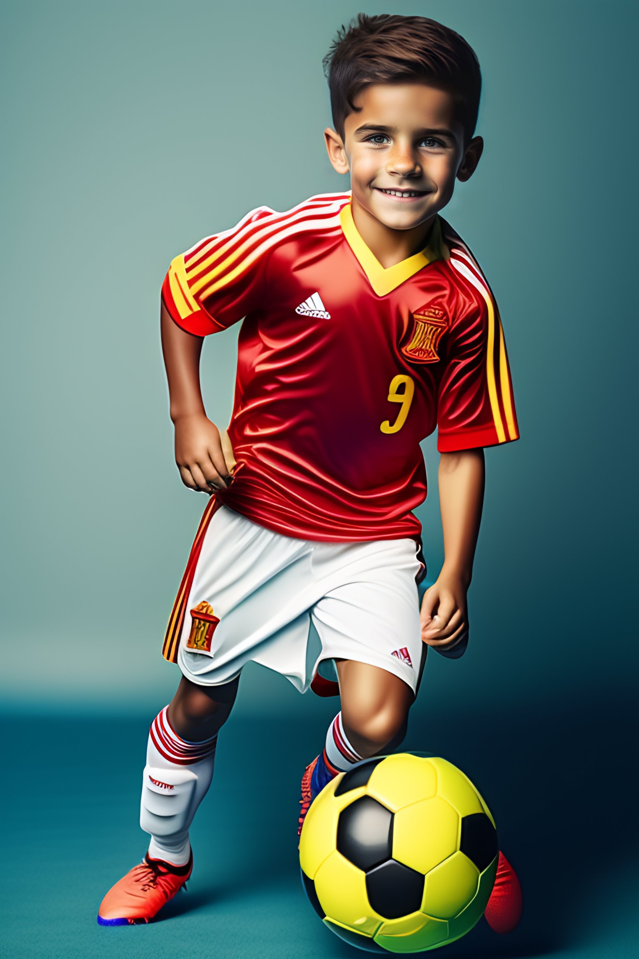 Lexica - Soccer player 5 years old, studio photo, Spain Kit, Red shirt