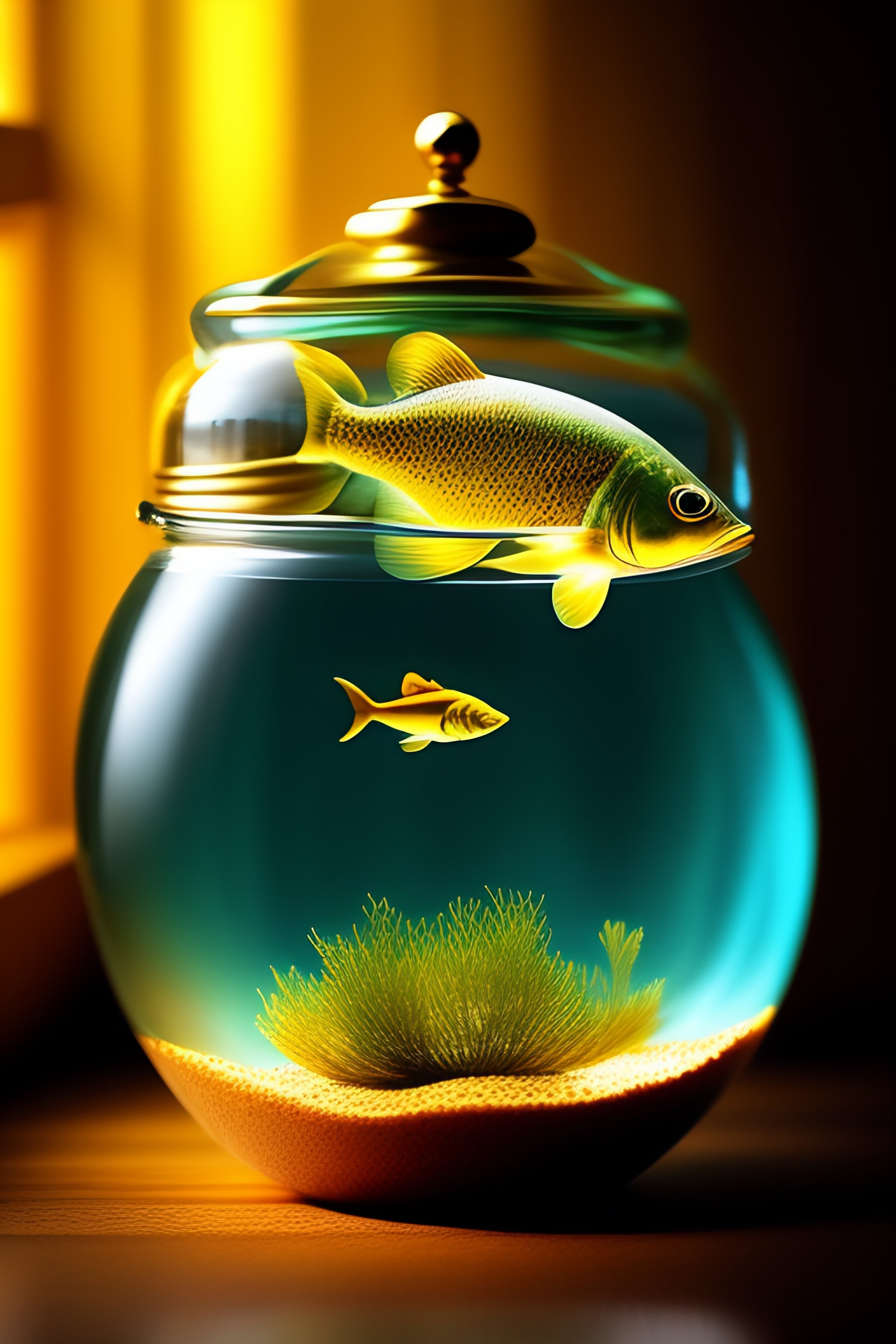 Lexica - A cute little golden fish in a small jar fish tank