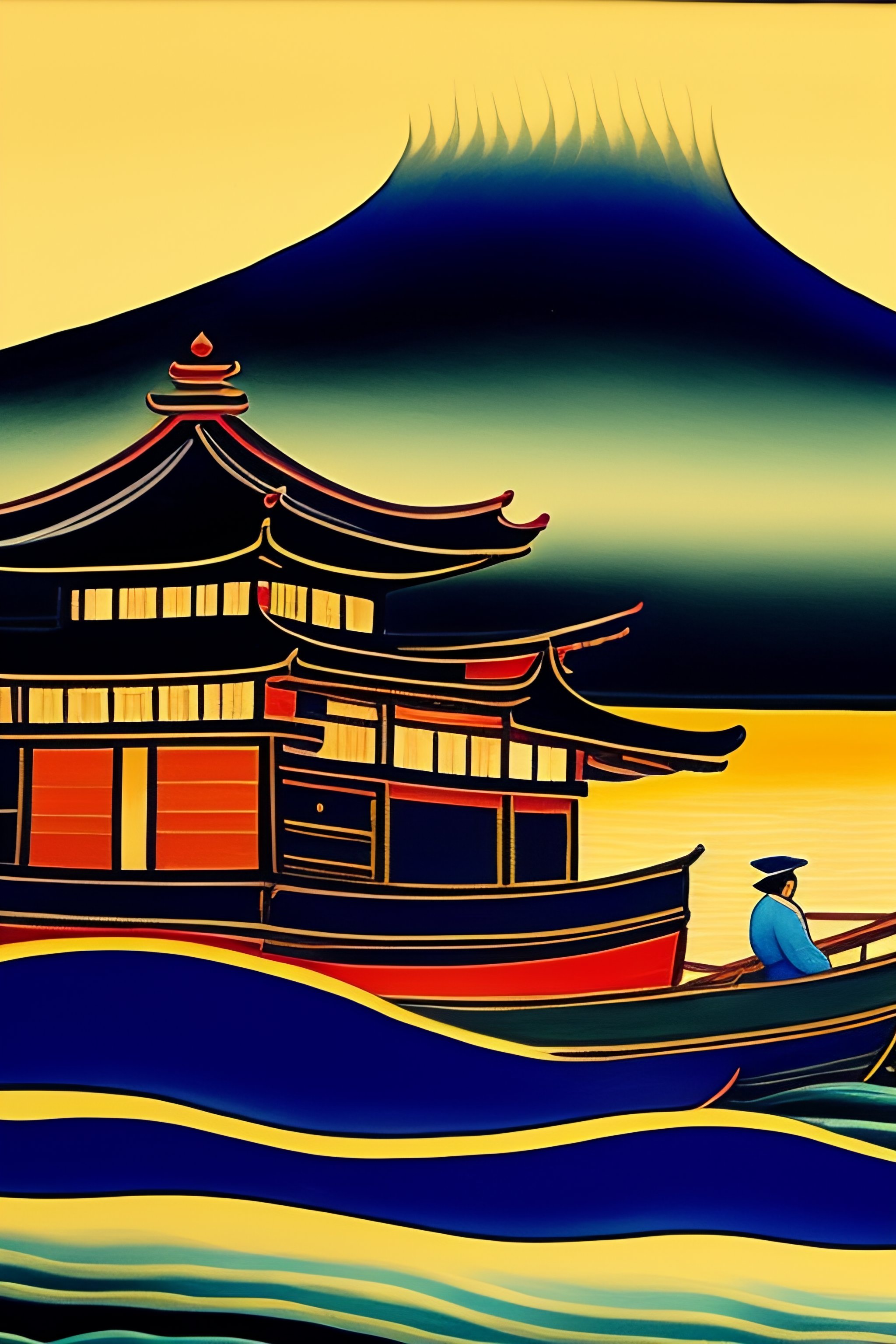Lexica - Color line drawing of fisherman in night port, japanese style ...