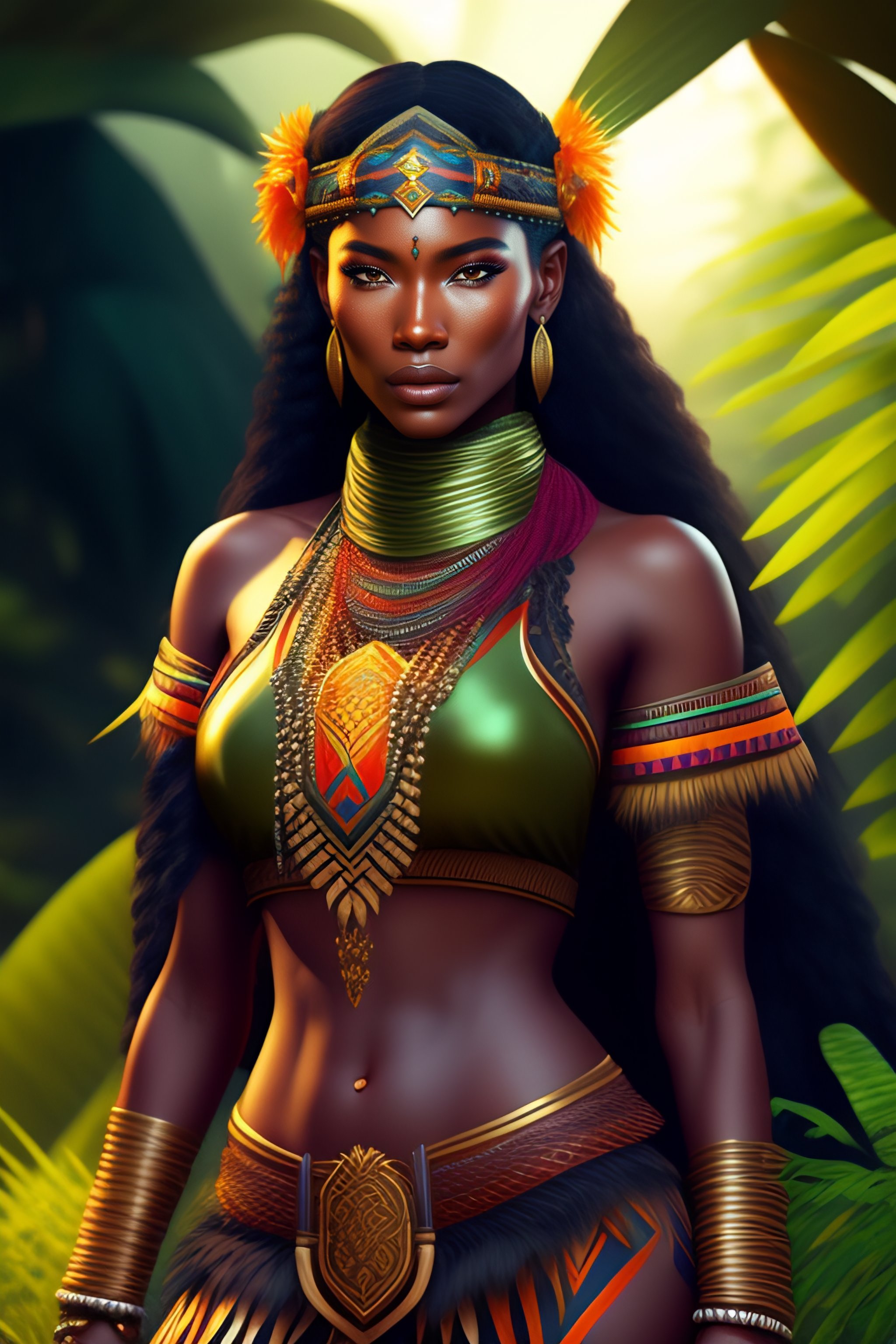 Lexica - Hyperrealistic tribal warrior in front of a jungle landscape, happy appearance ...