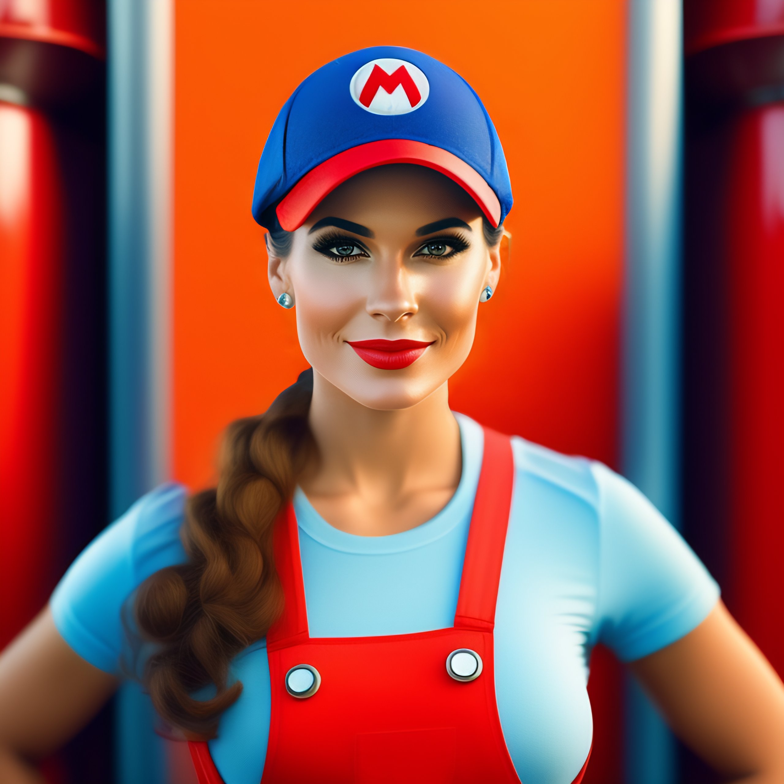 Lexica - A female version of Super Mario, wearing blue dungarees shorts ...