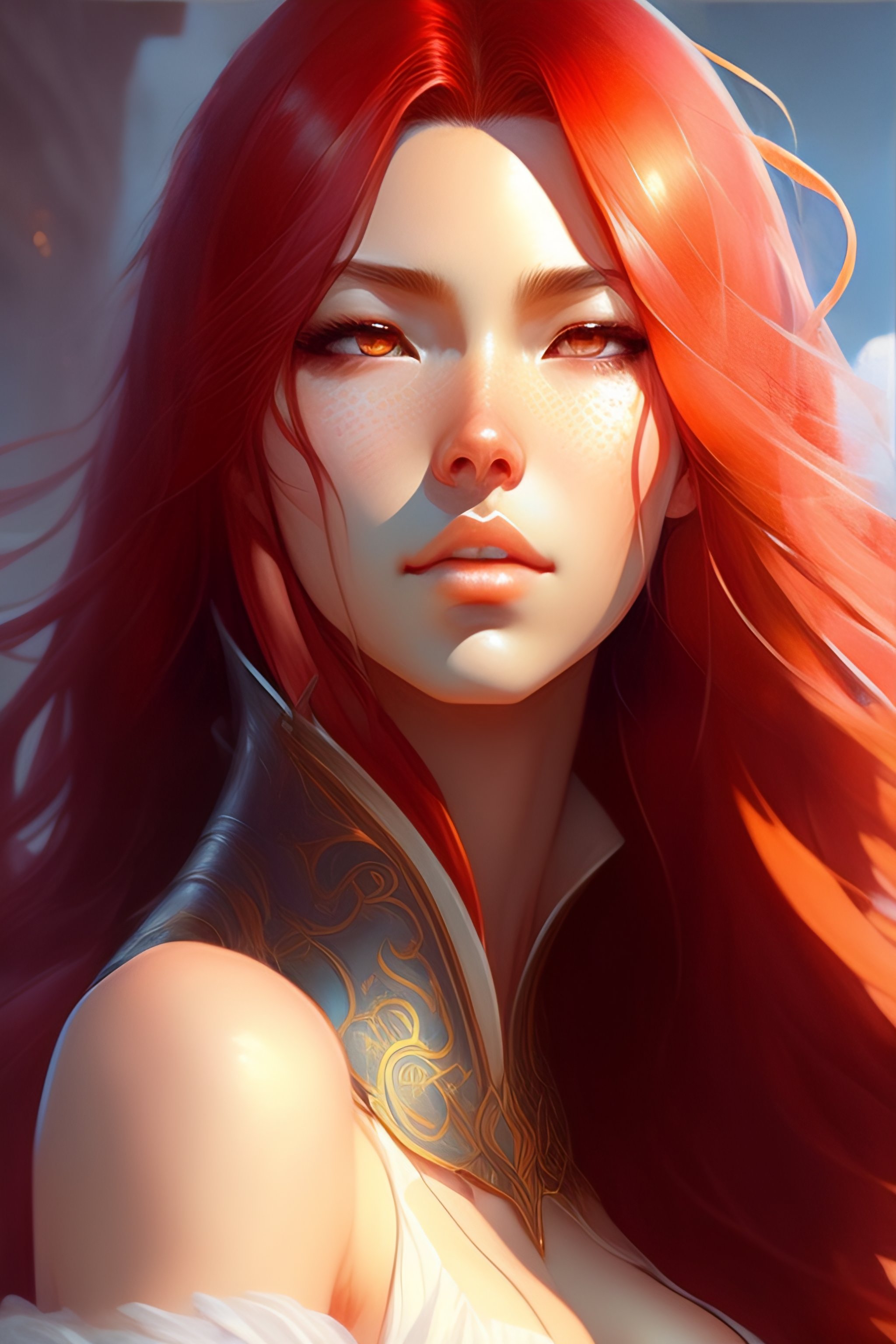 Lexica - Erza Scarlet, long red scarlet hair, oval iris brown eyes ...