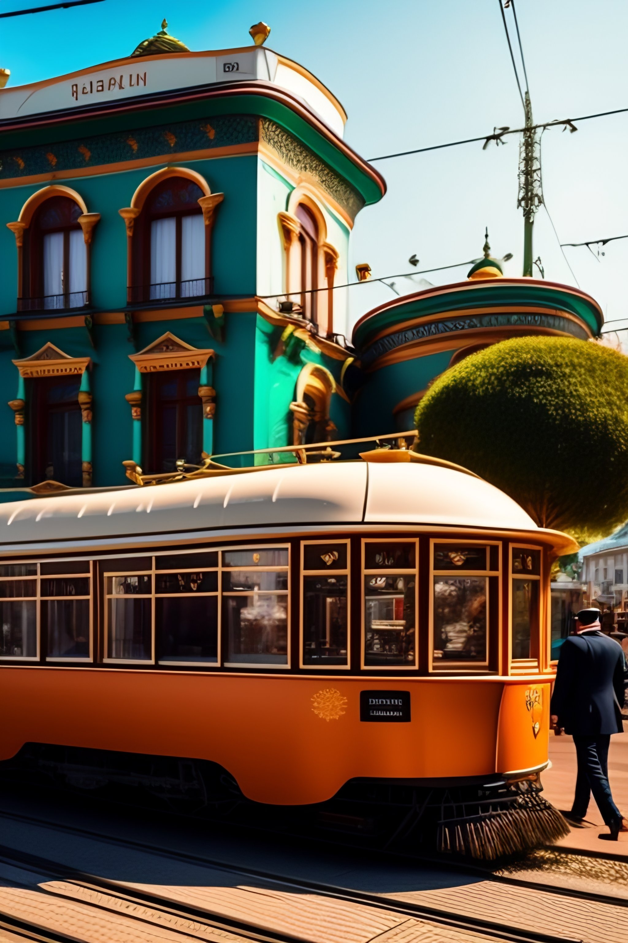 Lexica - Russian tram on the street near cafe sunset