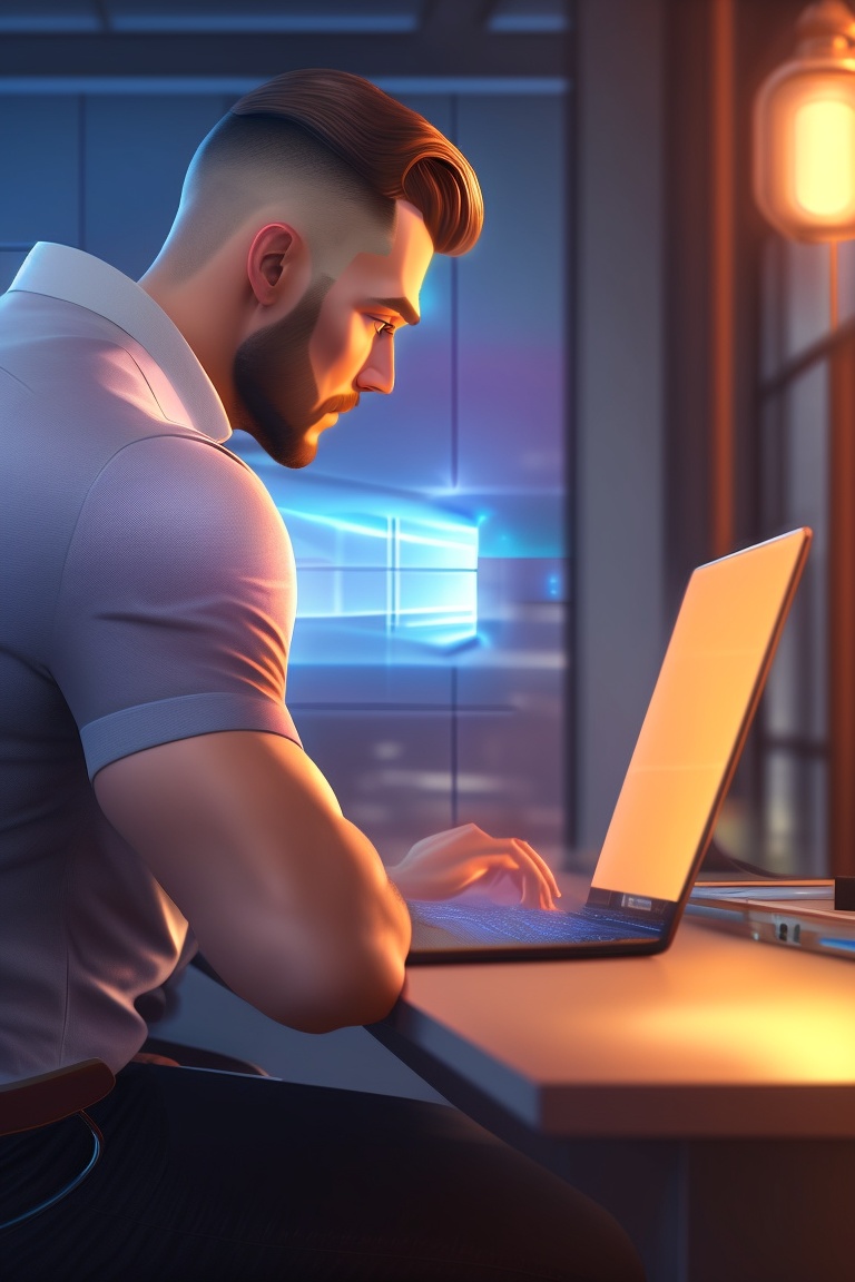 Lexica - A man sitting on the table in the room and coding in the laptop , realistic, ultra ...