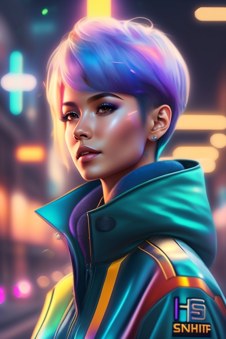 Lexica Best Quality 1girl Solo Short Hair Blurry Background Neon