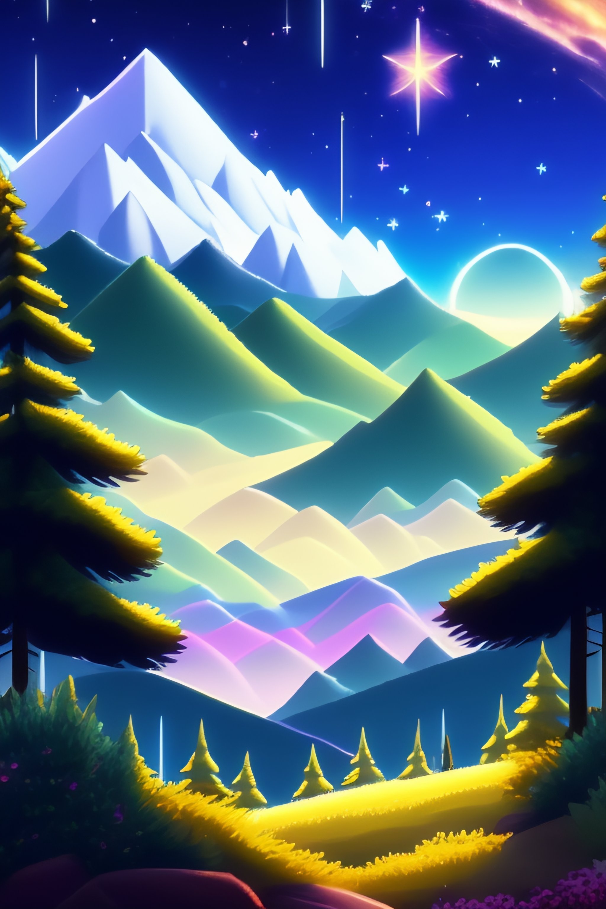 Lexica - Starry sky mountain background decorations with a few trees in ...