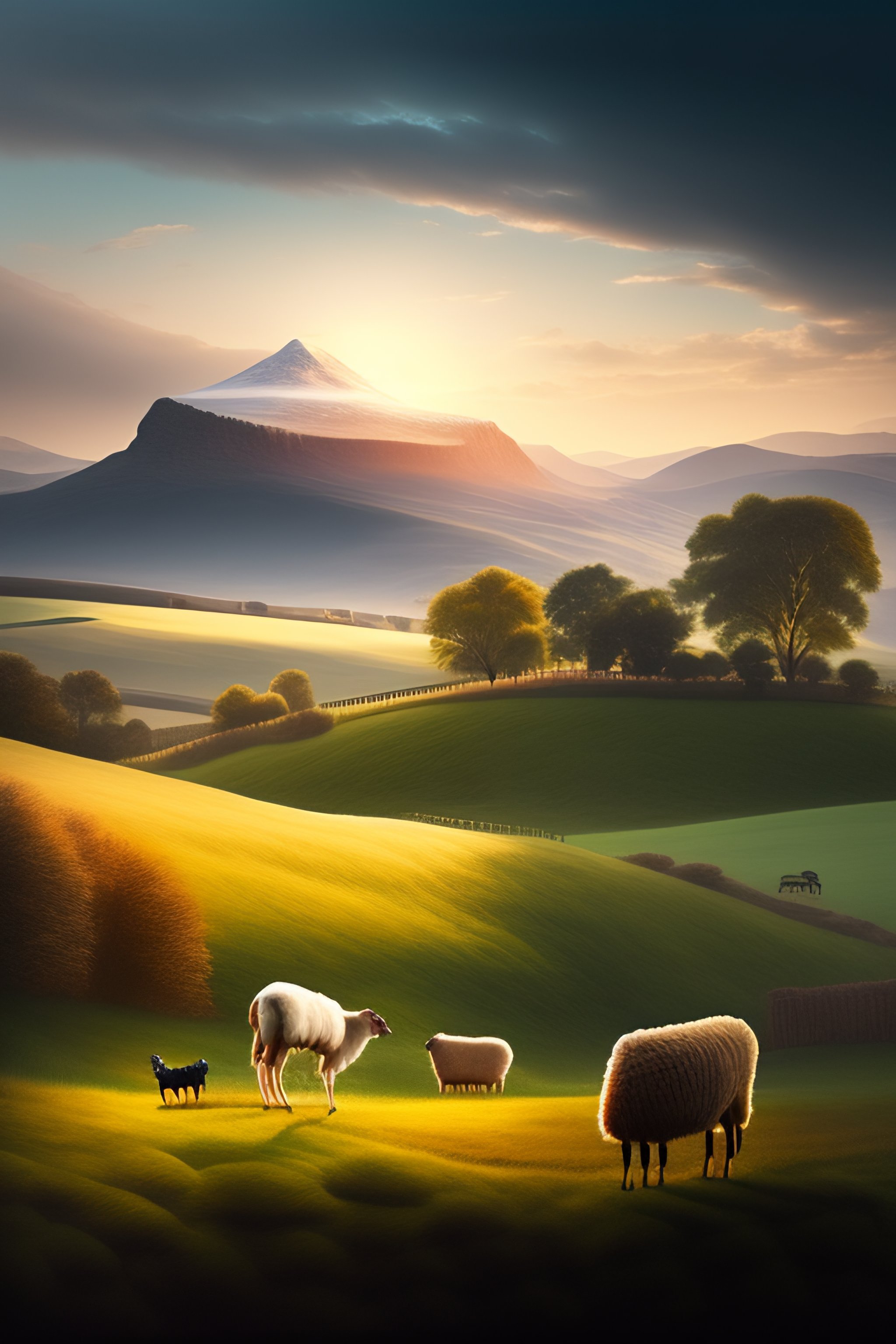 Lexica - Landscape with two sheep, one dog, five cats and a farmer girl